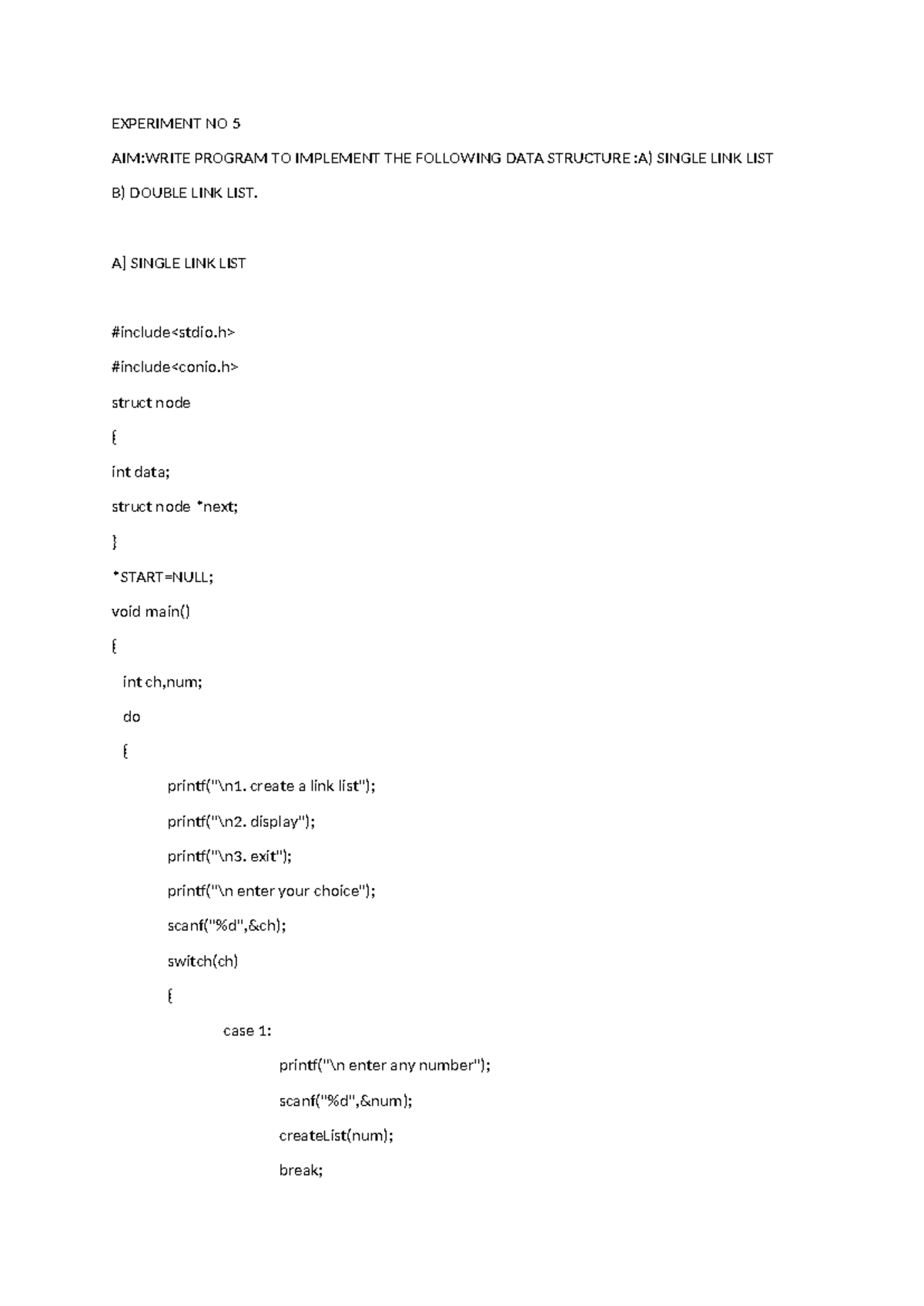 Data Structures Lab: Experiment No 5 - Implementing Linked Lists - Studocu