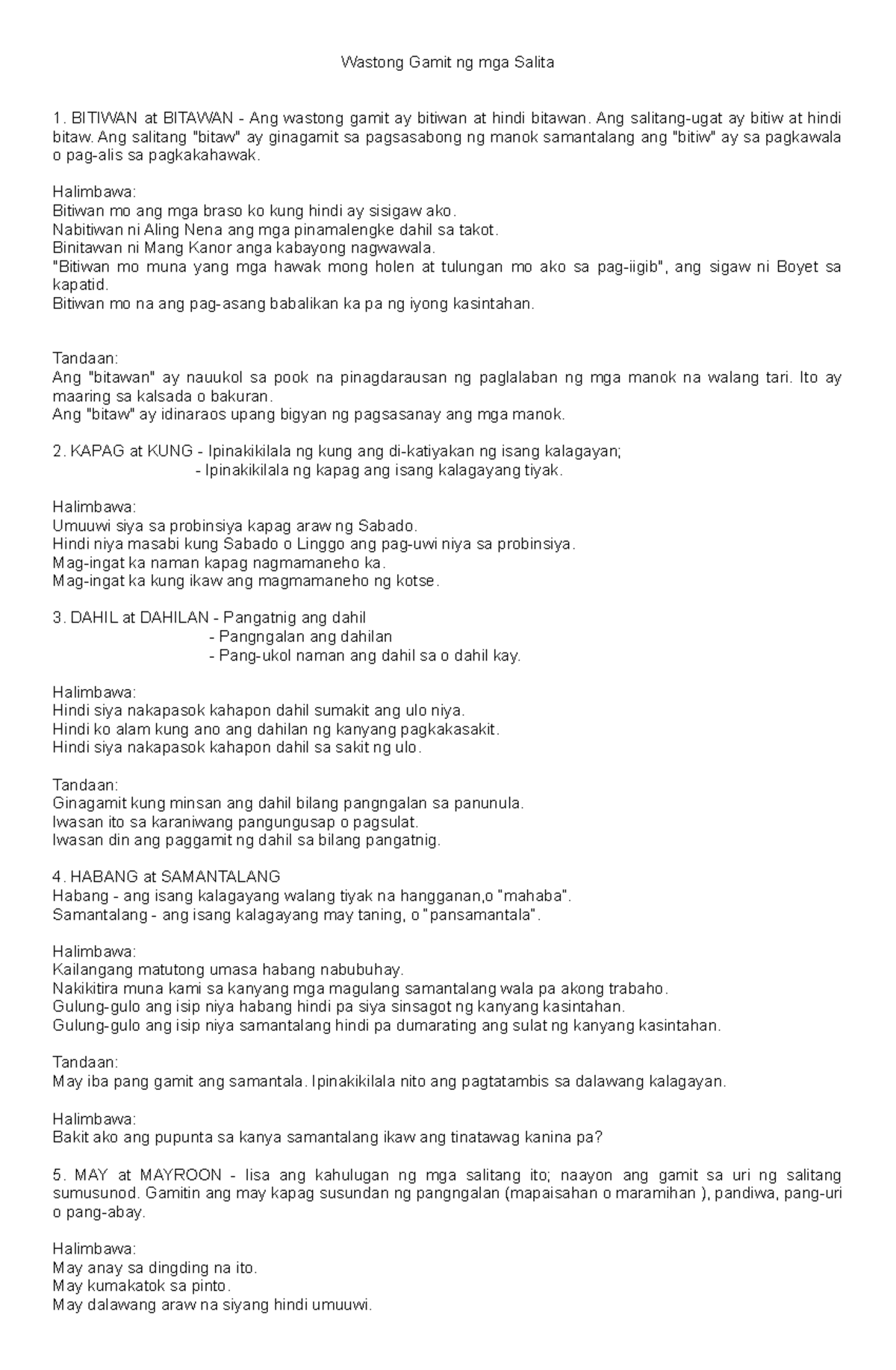 Wastong Gamit ng mga Salita sa Filipino: Pagsusuri at Halimbawa - Studocu