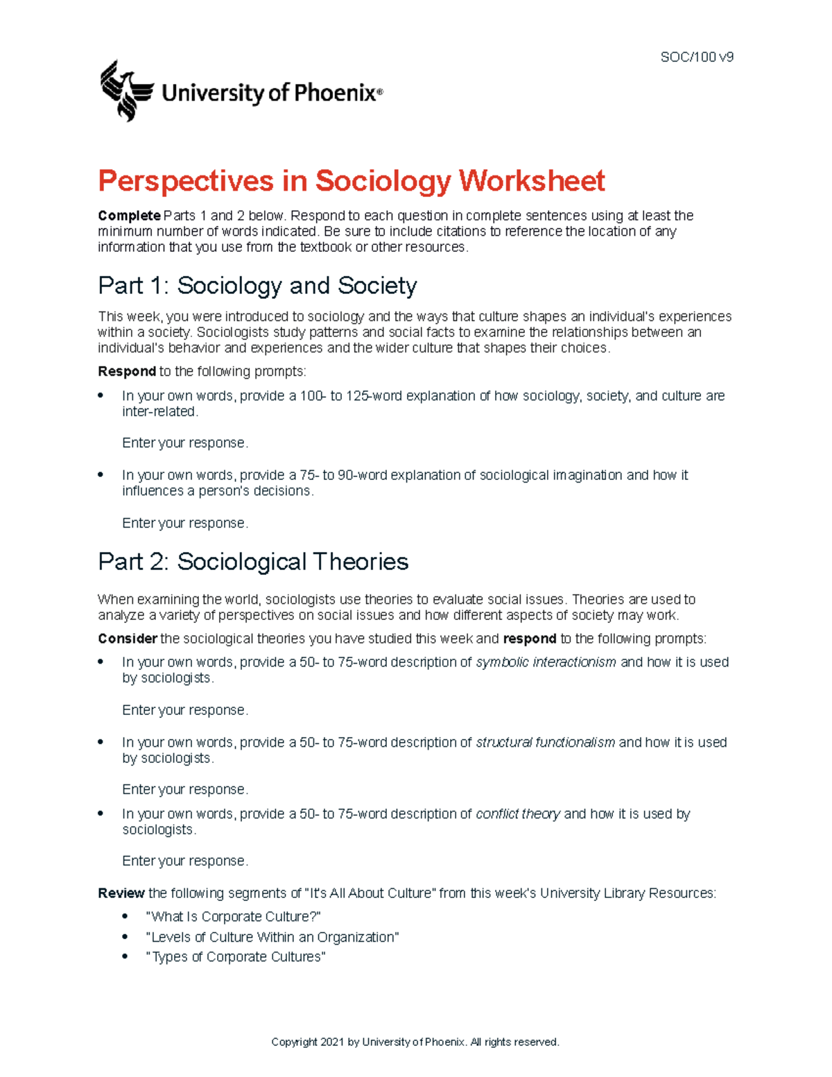 SOC/100 v9 Week 1: Perspectives in Sociology Worksheet Guide - Studocu