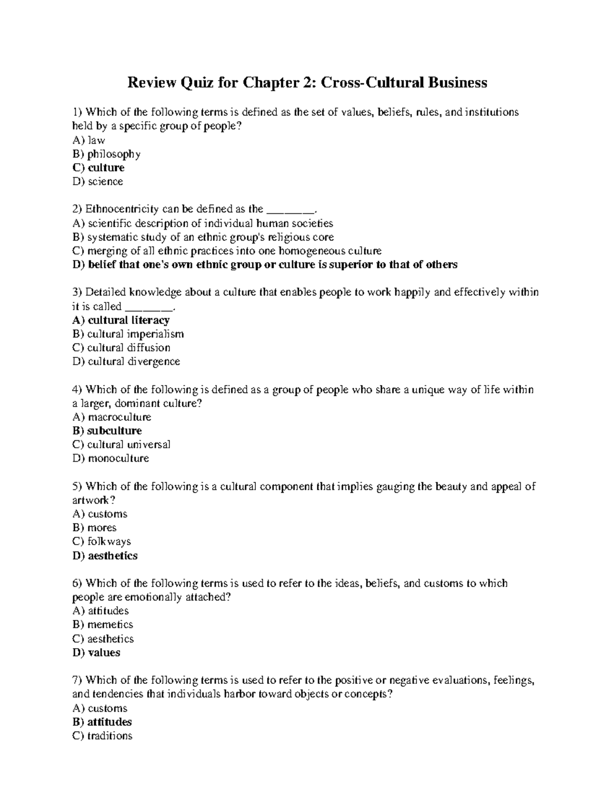 Review Quiz for Chapter 2: Cross-Cultural Business Concepts - Studocu