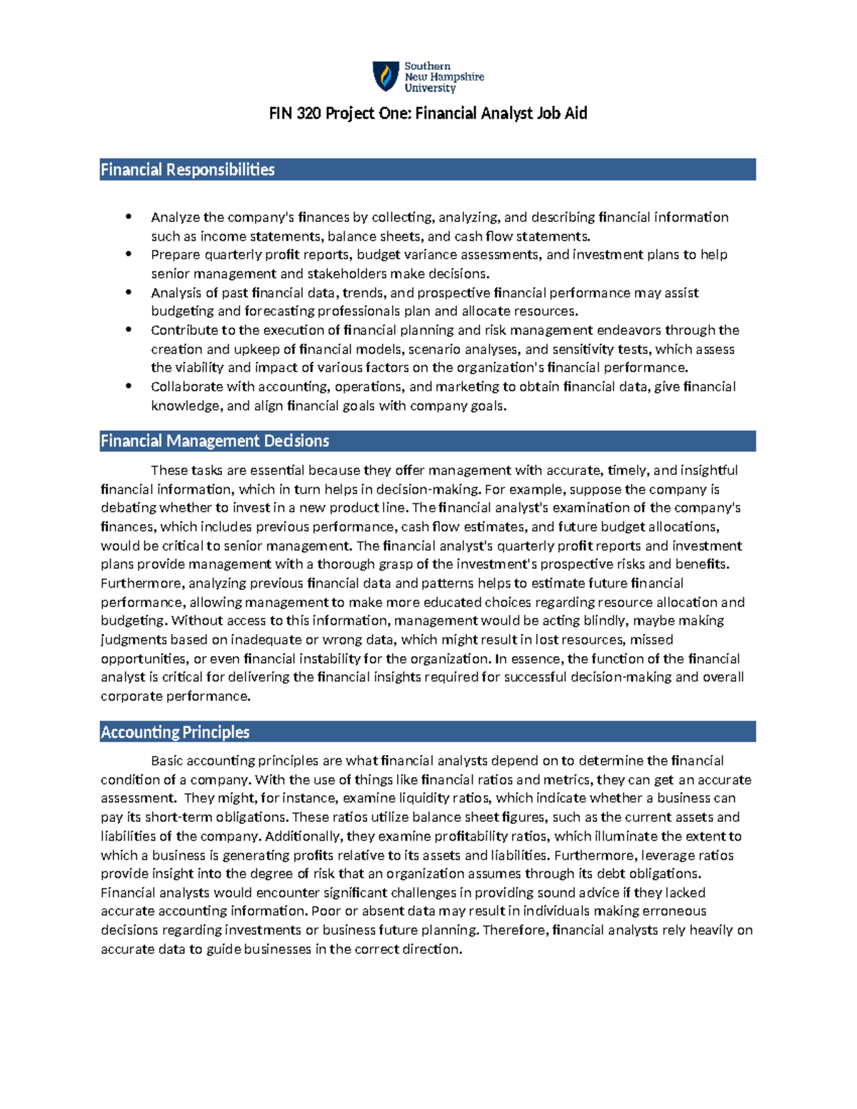 FIN 320 Project One Financial Analyst Job Aid - Prepare quarterly ...