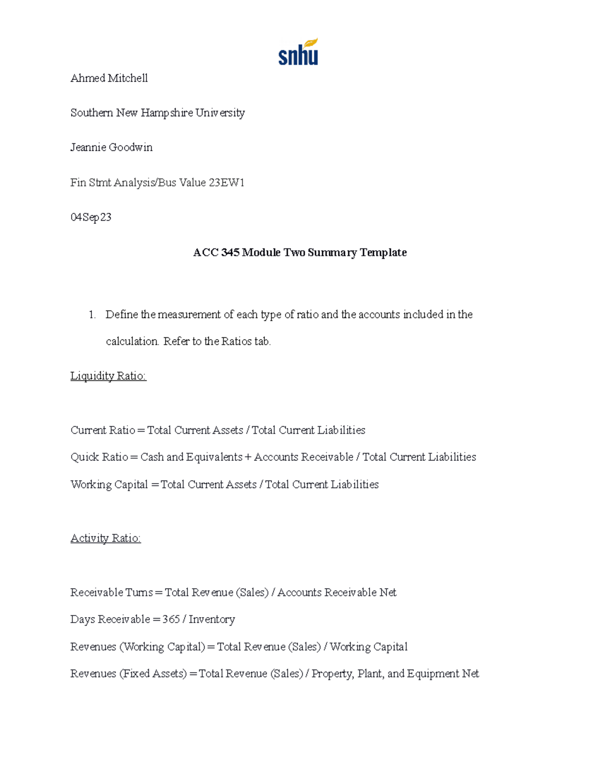 ACC 345 Module Two: Financial Ratios Summary and Analysis - Studocu