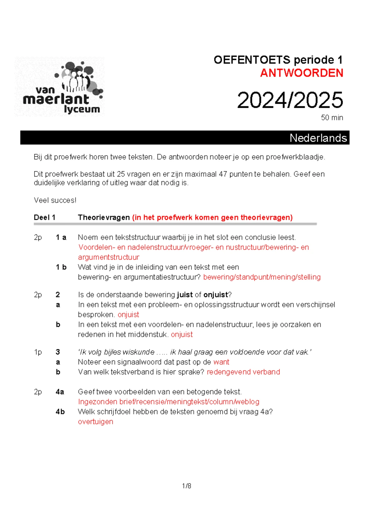 Oefentoets Leesvaardigheid - Periode 1 Nederlands 2024 - Studeersnel