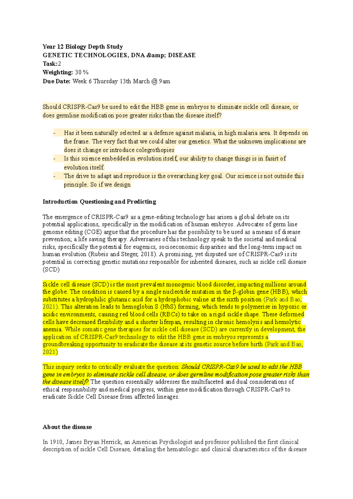 Year 12 Biology Depth Study: Genetic Technologies & Sickle Cell Disease ...
