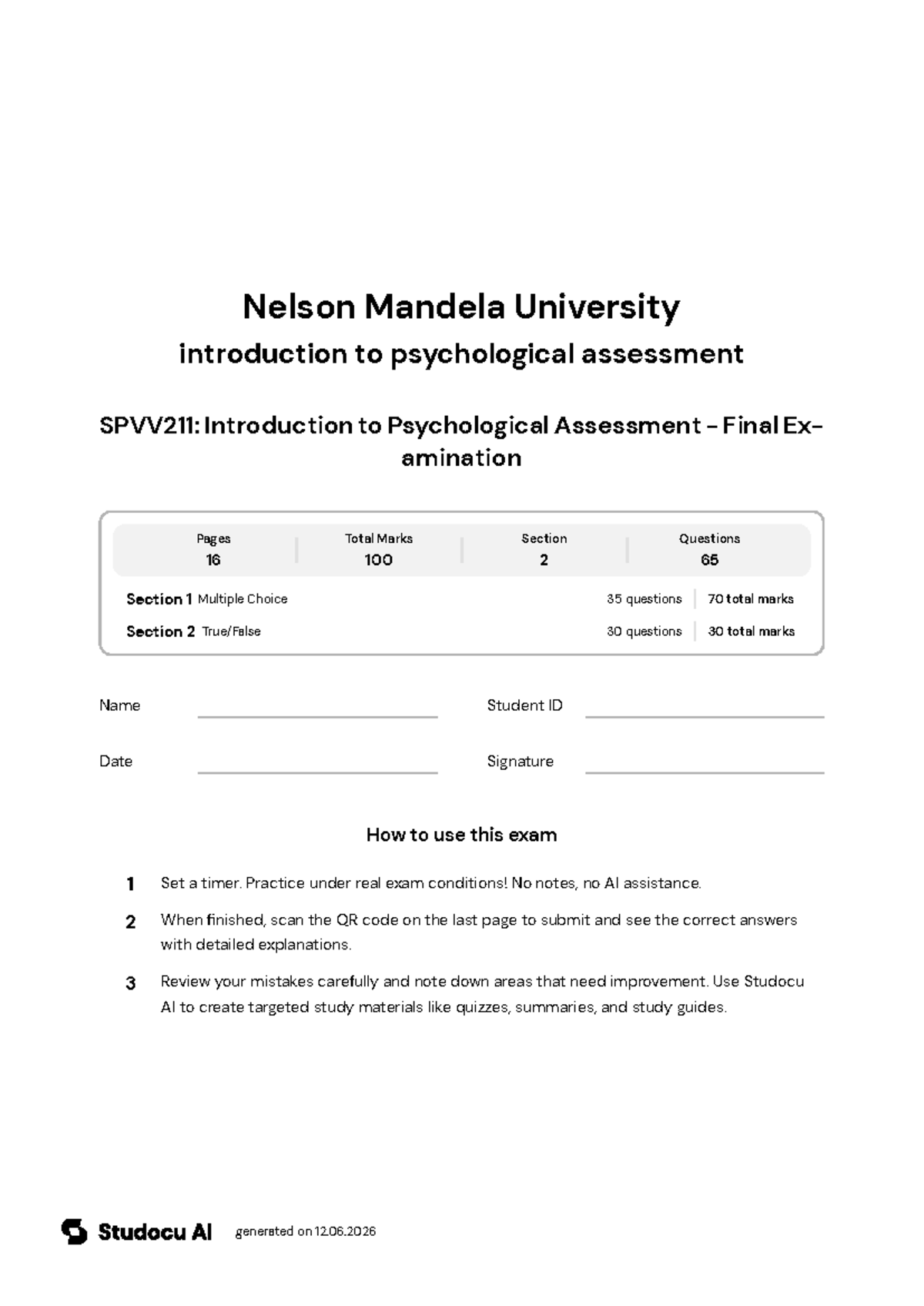 SPVV211: Psychological Assessment - Final Exam - Studocu