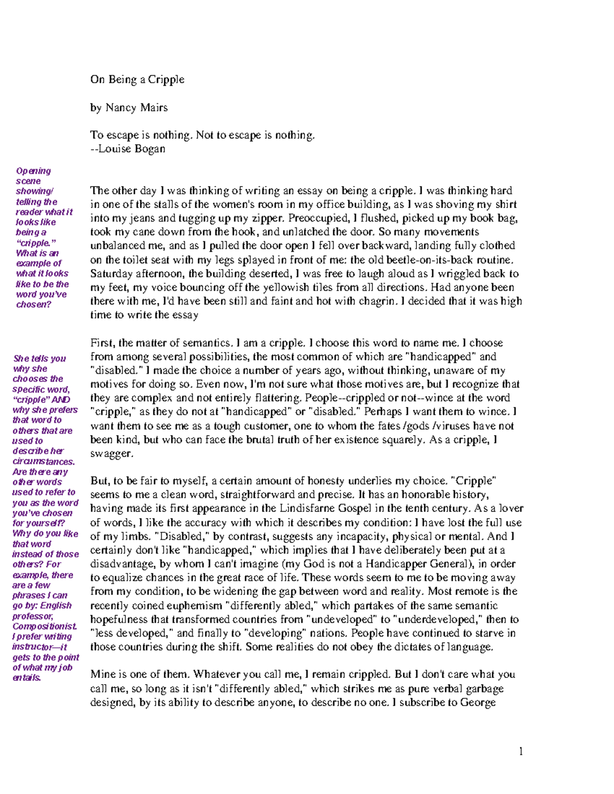 On Being a Cripple (Mairs 1986) annotated - On Being a Cripple by Nancy ...