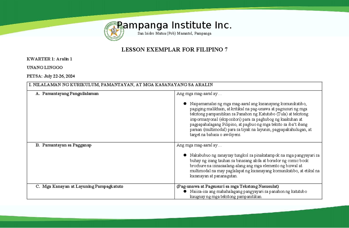 FIL 7 LE - W1: Lesson Exemplar on Katutubong Panitikan - Studocu
