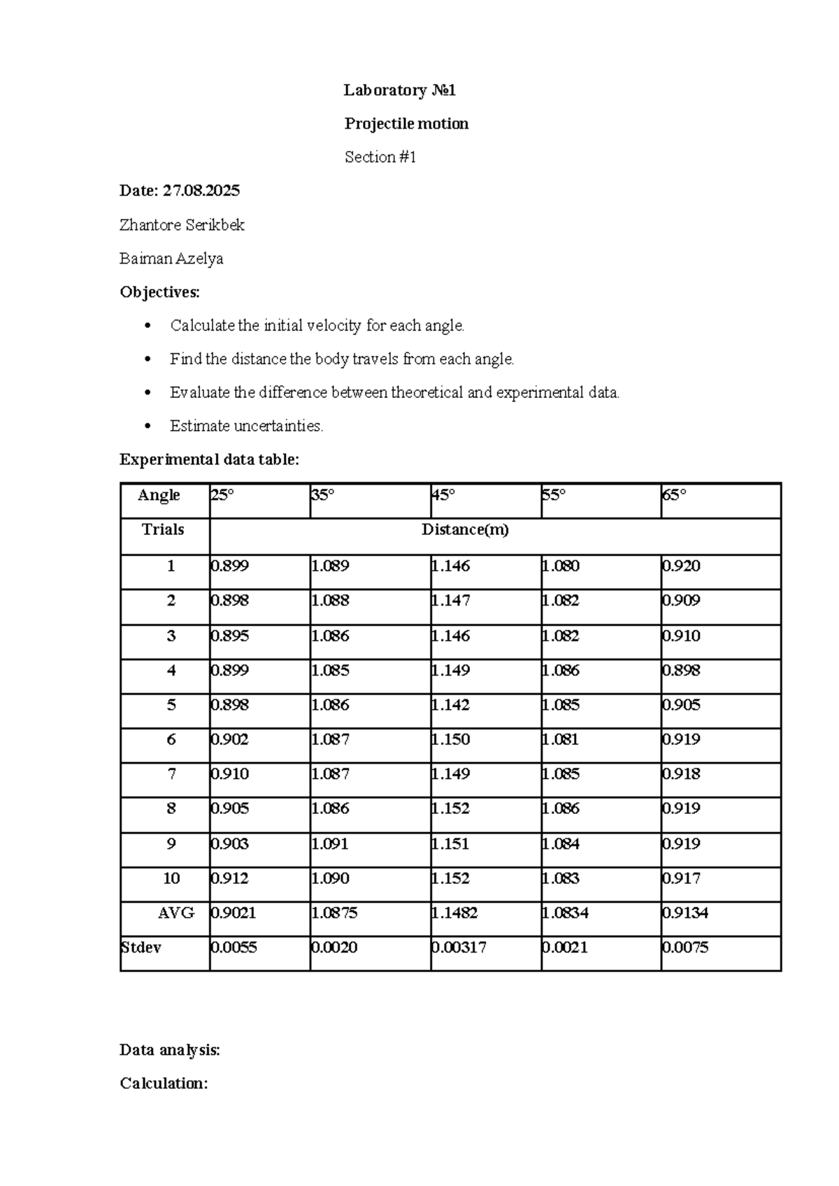 Lab Report #1: Projectile Motion Analysis (Lab 161) - Studocu