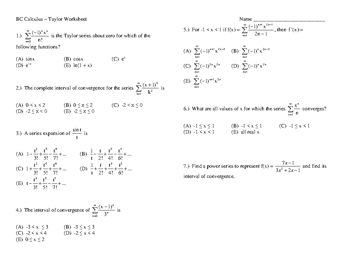BC - Taylor Series Worksheet: Concepts and Practice Problems - Studocu