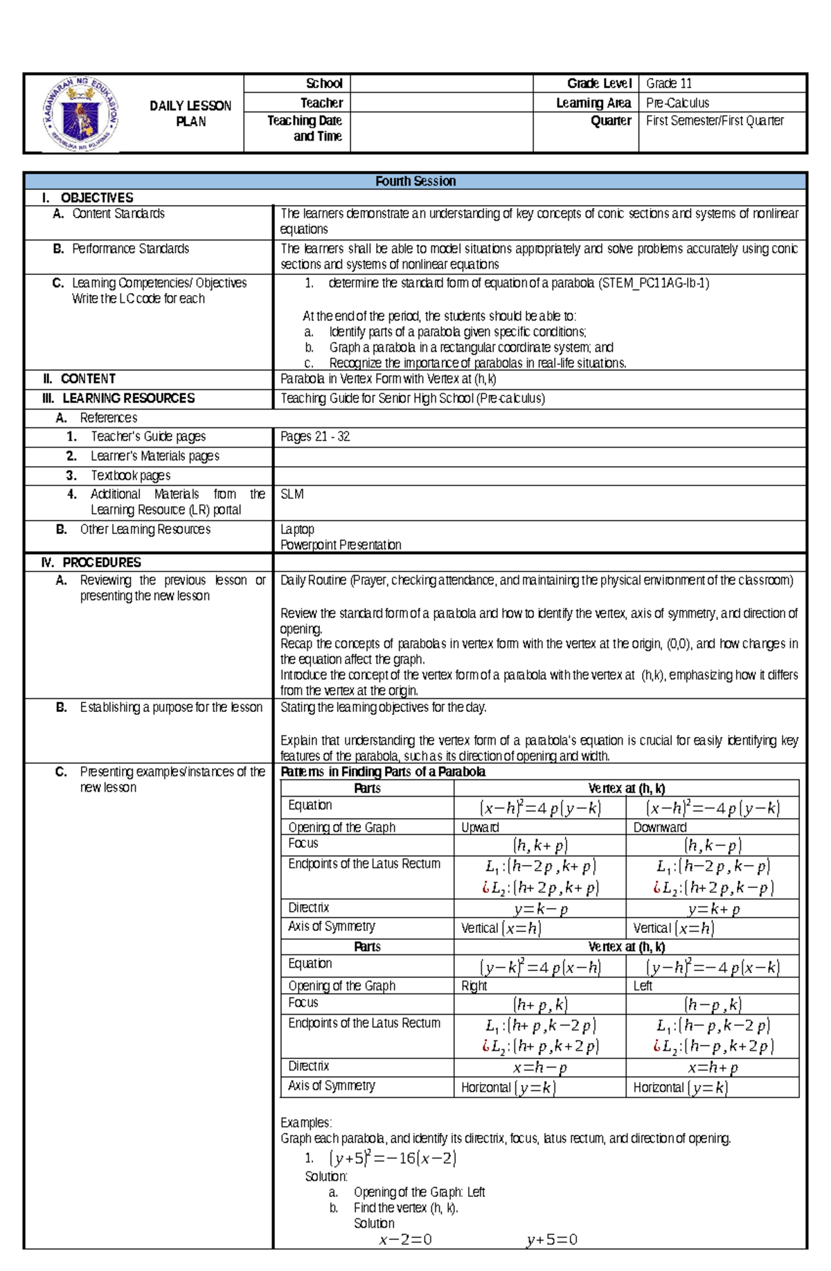 DAILY LESSON PLAN: Parabola in Vertex Form (Grade 11, 1st Quarter ...