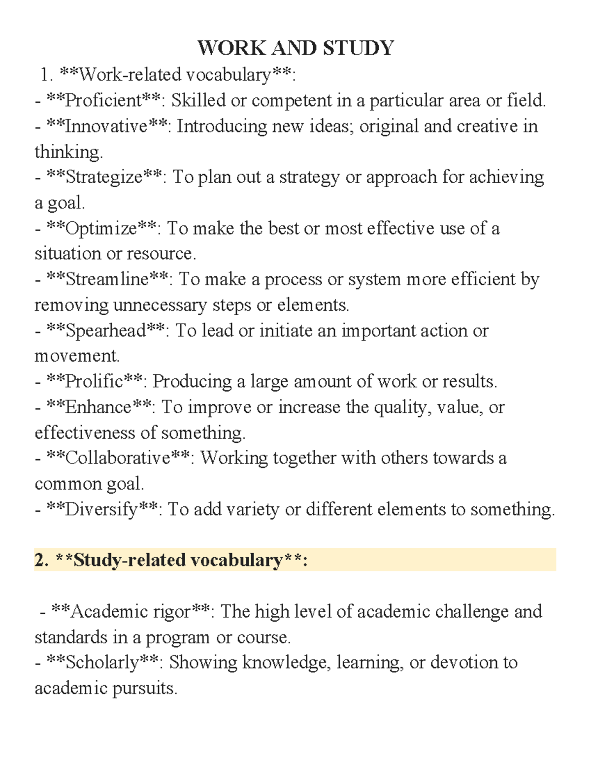 WORK AND Study - None - WORK AND STUDY Work-related vocabulary ...