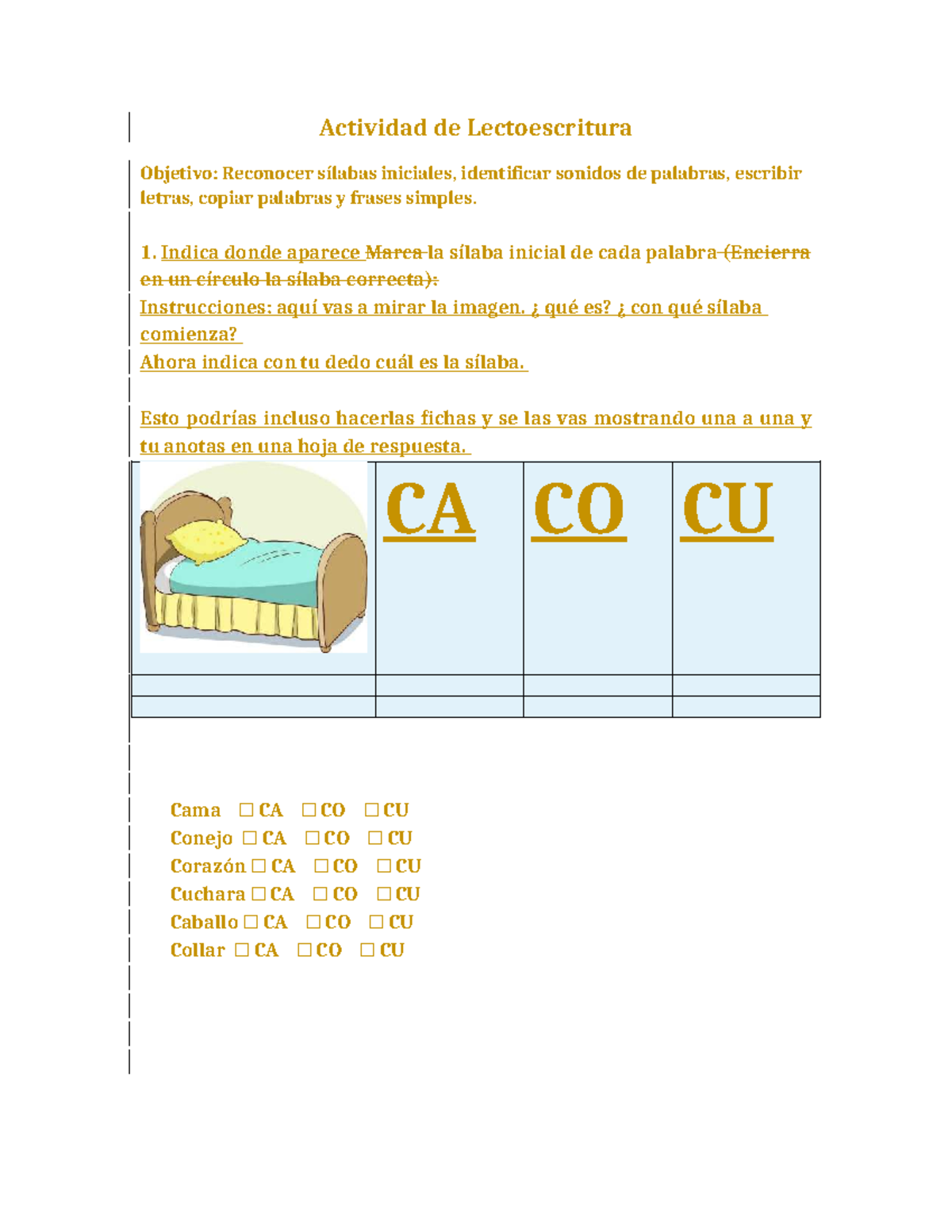 Actividad de Lectoescritura: Reconocimiento de Sílabas Iniciales - Studocu