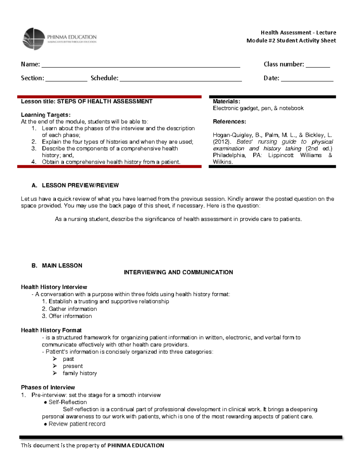 SAS #2 - Health Assessment Lecture Module Activity Sheet - Studocu