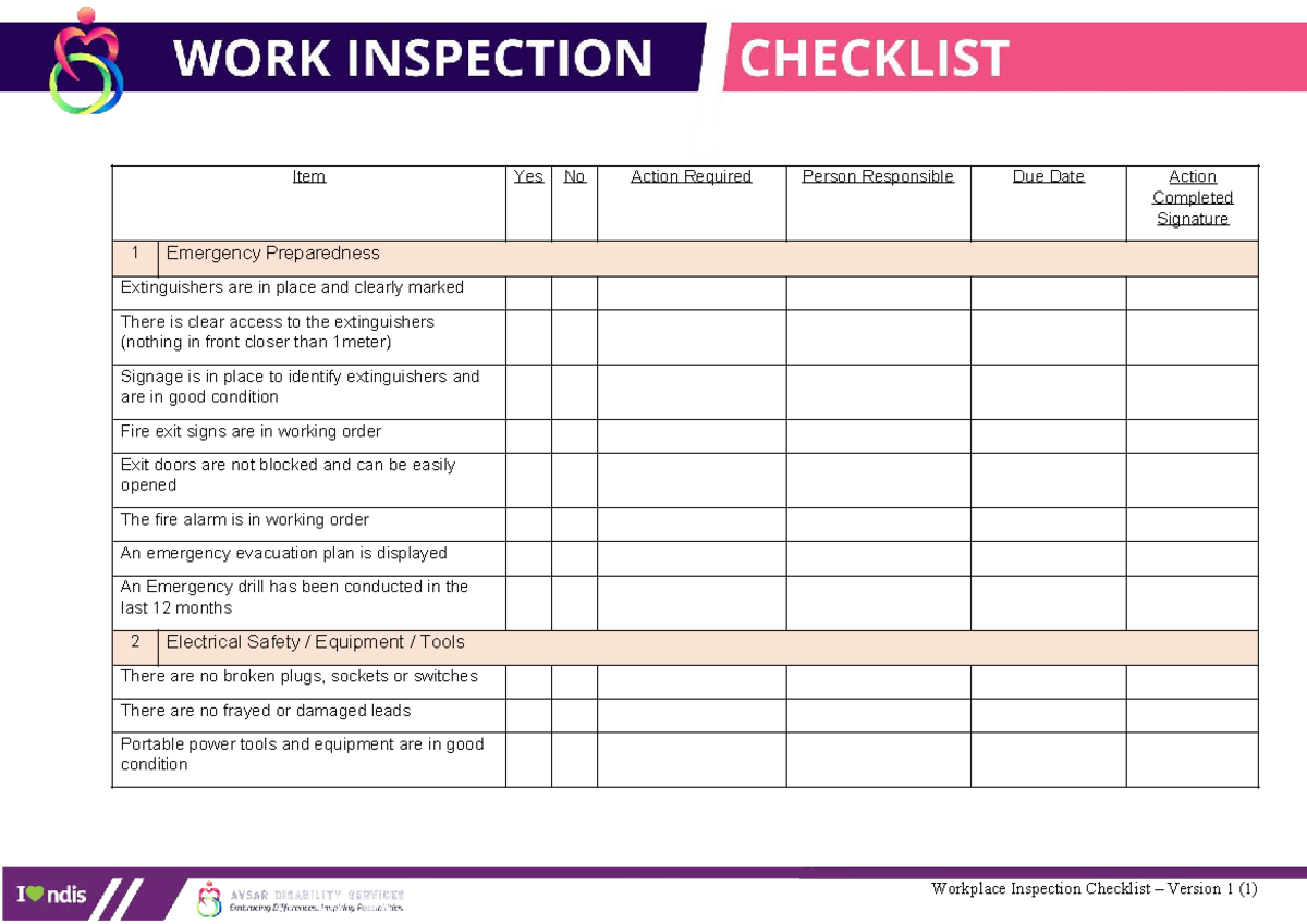 Workplace Inspection Checklist (WHS) - Safety Compliance Review - Studocu