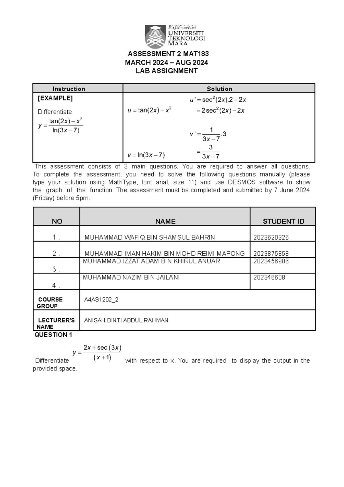 Assessment 2 LAB Assignment MAT183 MAY2024 - Google Docs - ASSESSMENT 2 ...