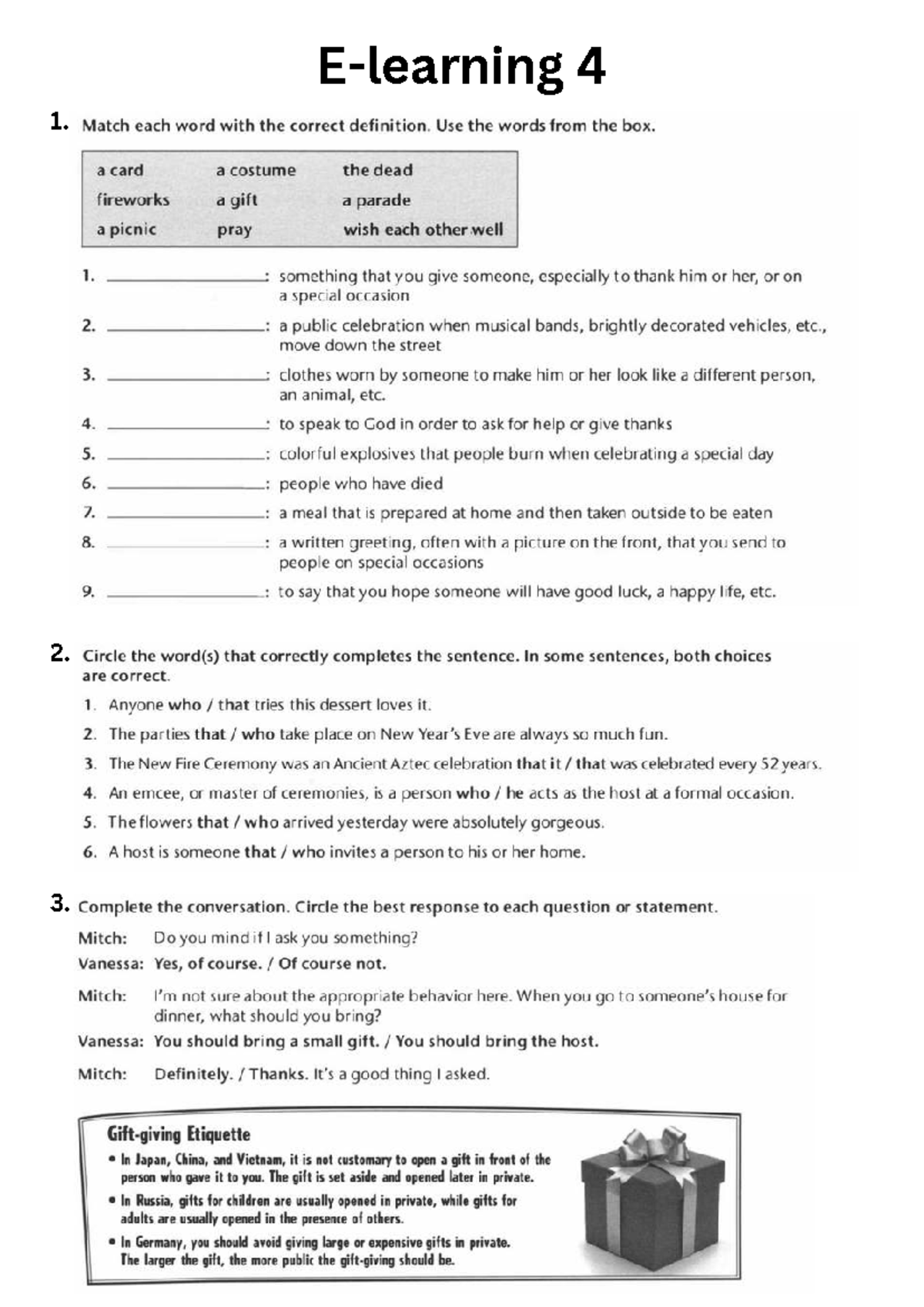 E-learning 4: Vocabulary and Grammar Exercises on Celebrations - Studocu