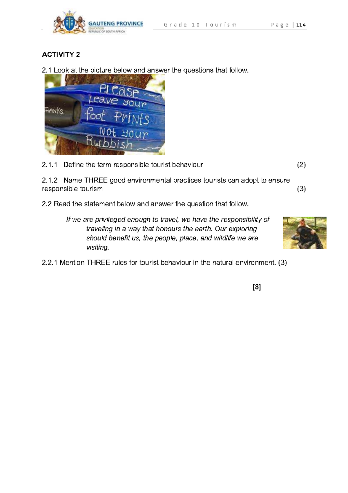 Grade 10 Tourism: Responsible Tourist Behaviour Activities - Studocu