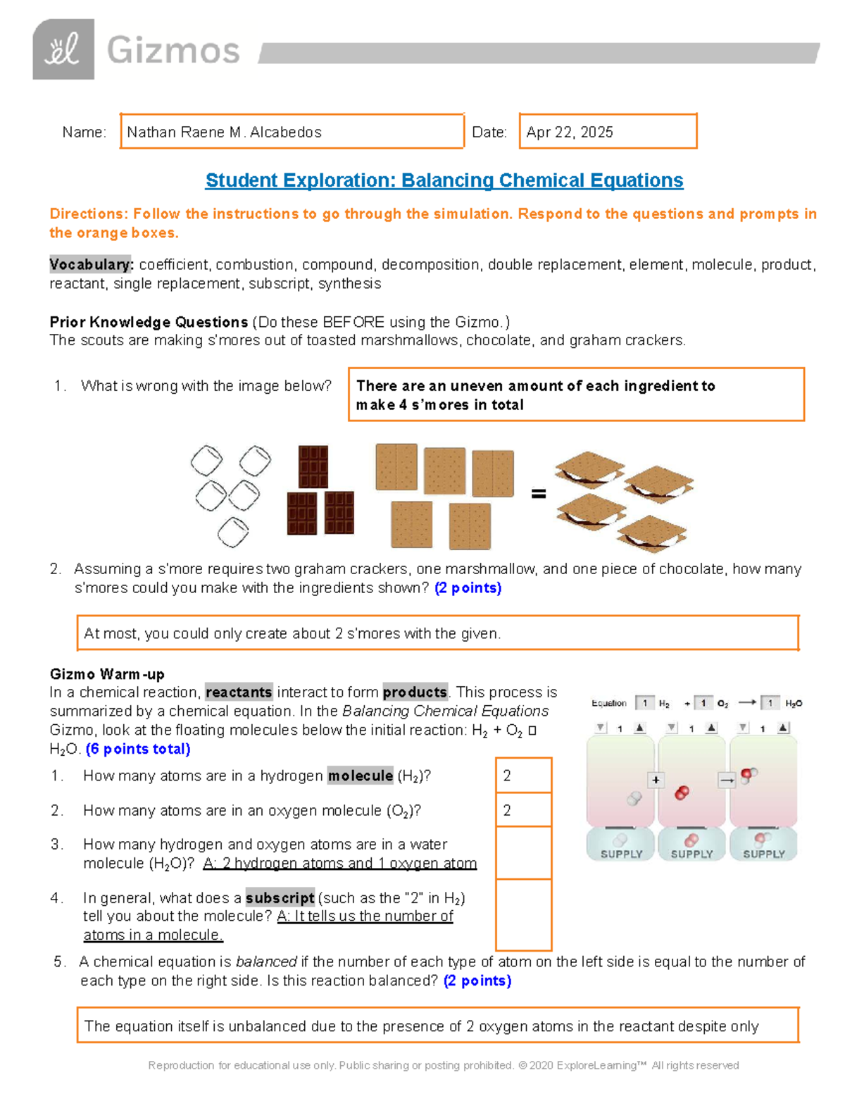 Balancing Chemical Equations Exploration (CHEM101) - Studocu