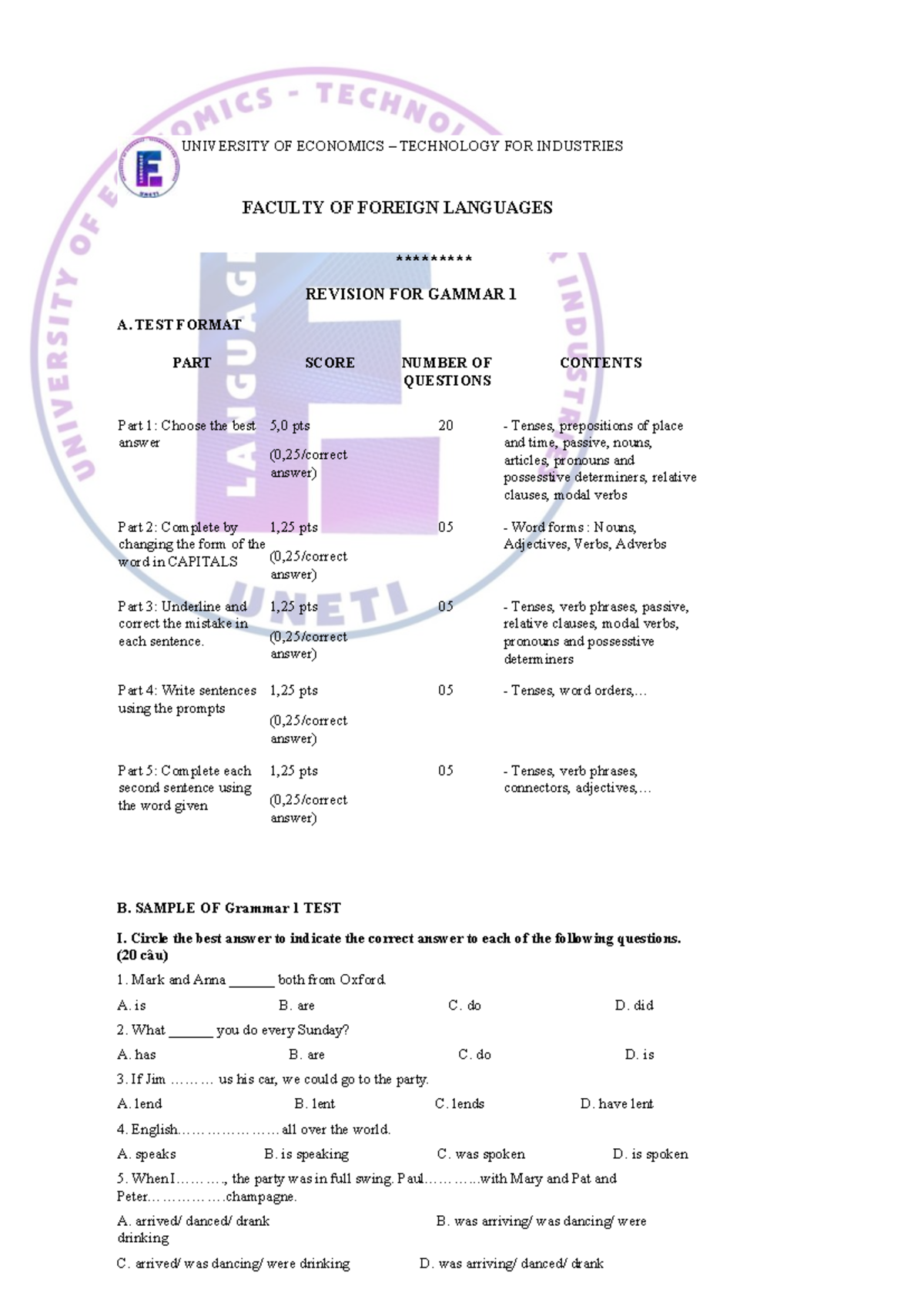 Revision for Grammar 1 A. Test Format and Sample Questions - Studocu