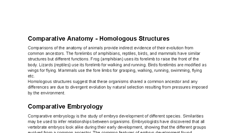 Comparative Anatomy Review: Homologous Structures & Evolution - Studocu
