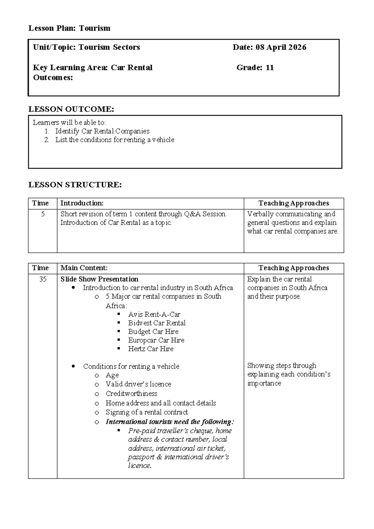 Grade 11 Lesson Plan: Car Rental Industry Overview - Studocu