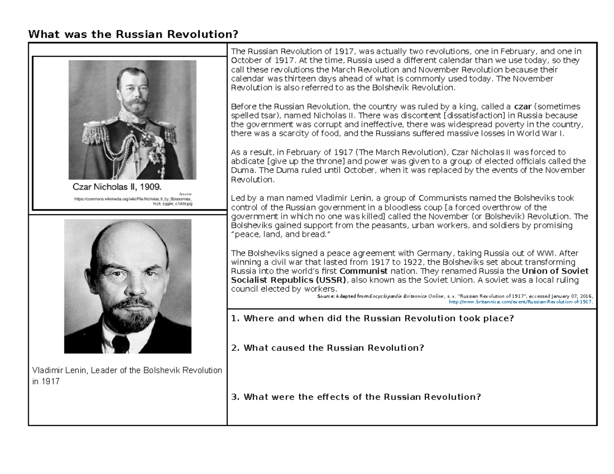 U7 Russian Revolution: Causes, Events, and Effects of 1917 - Studocu
