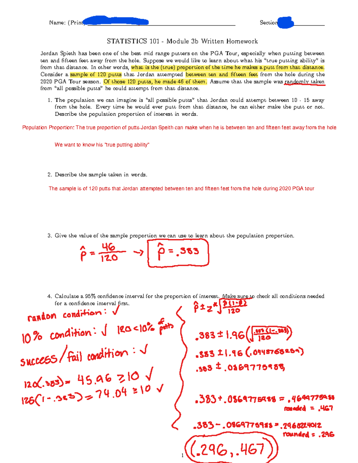 Statistics 101: Module 3B Homework on Jordan Spieth's Putting Ability - Studocu