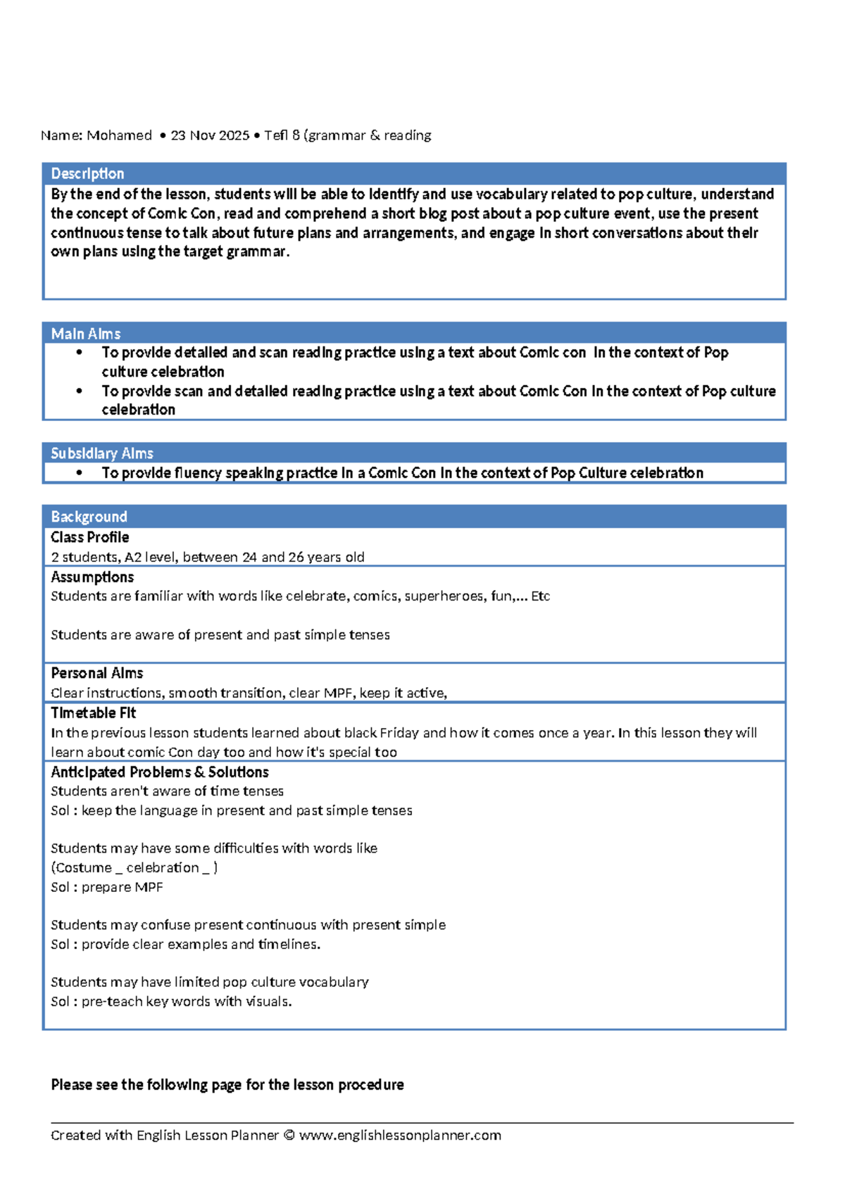 LP - Tefl 8 Grammar Reading: Comic Con & Pop Culture Lesson Plan - Studocu