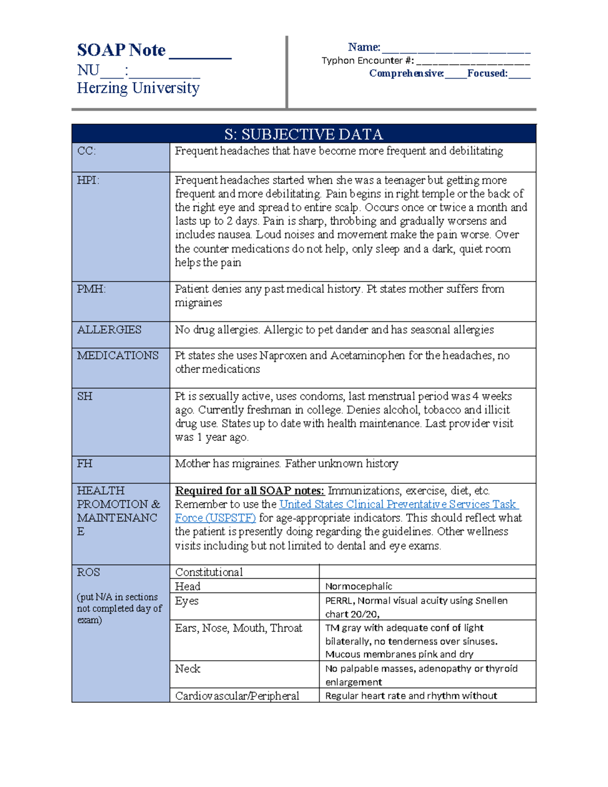 SOAP Note Template for Headache Assessment - Herzing University - Studocu