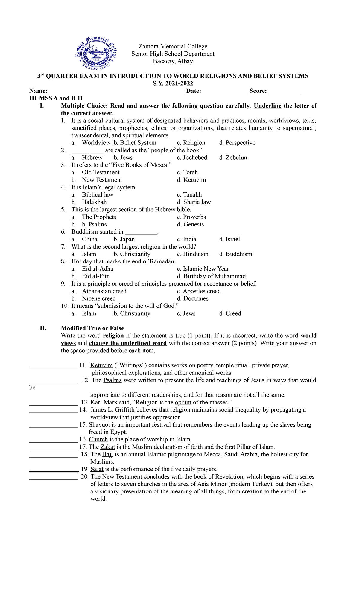 Third Quarter Exam: Introduction to World Religions & Belief Systems ...