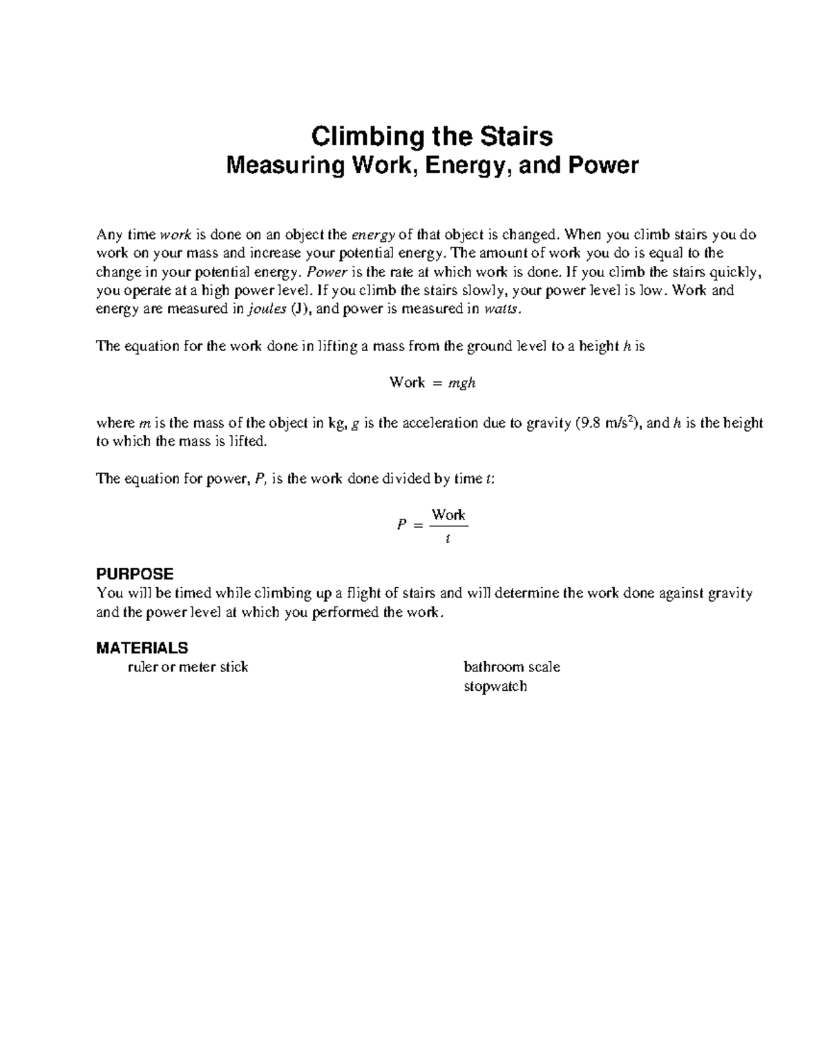 Climbing Stairs: Work, Energy, and Power Measurement Lab - Studocu