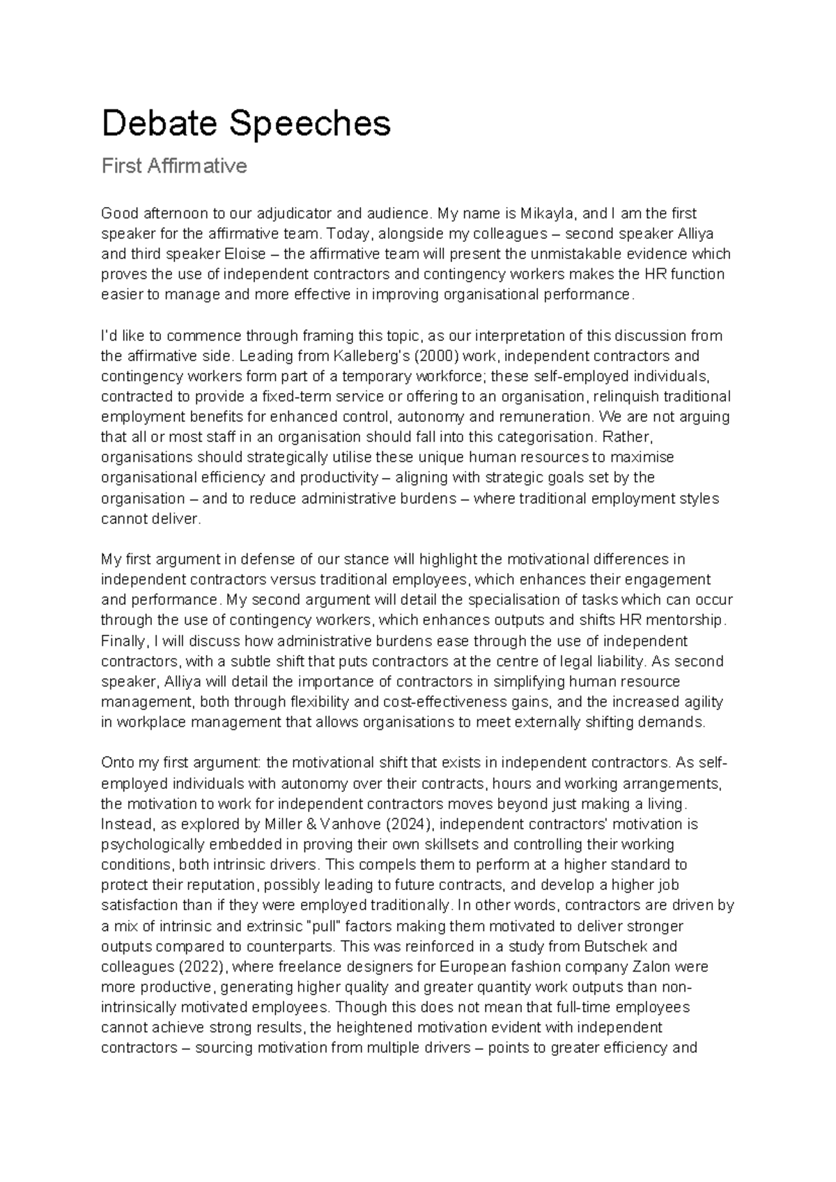 P&O Debate Speeches: First Affirmative Argument on Contractors - Studocu
