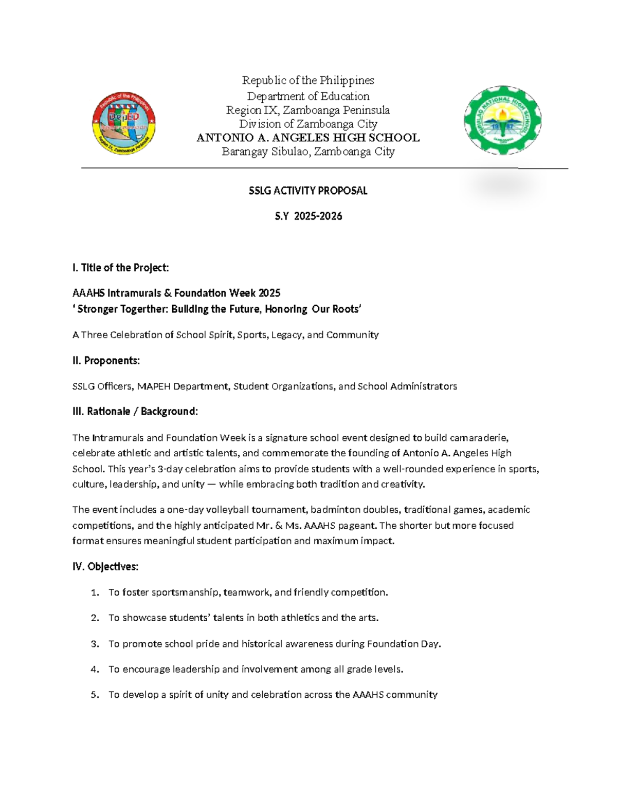 SSL-G1 Project Proposal: Intramurals Foundation Week 2025 - Studocu