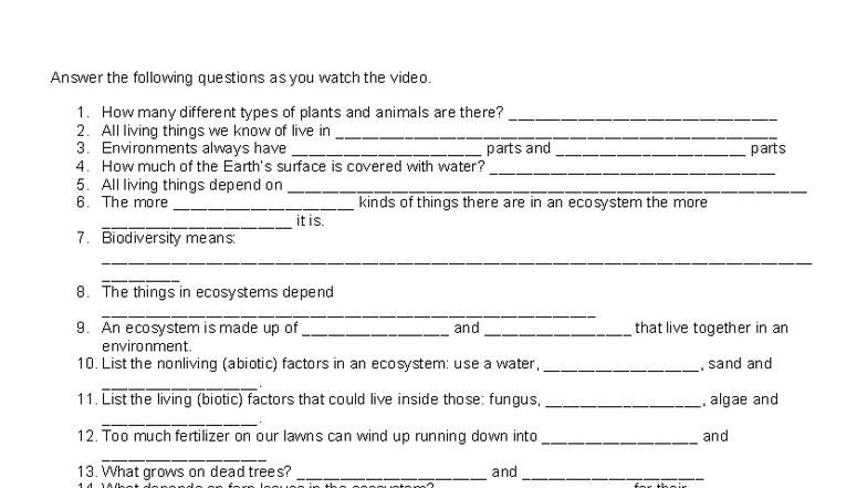 Bill Nye: Biodiversity Video Questions & Answers Template - Studocu
