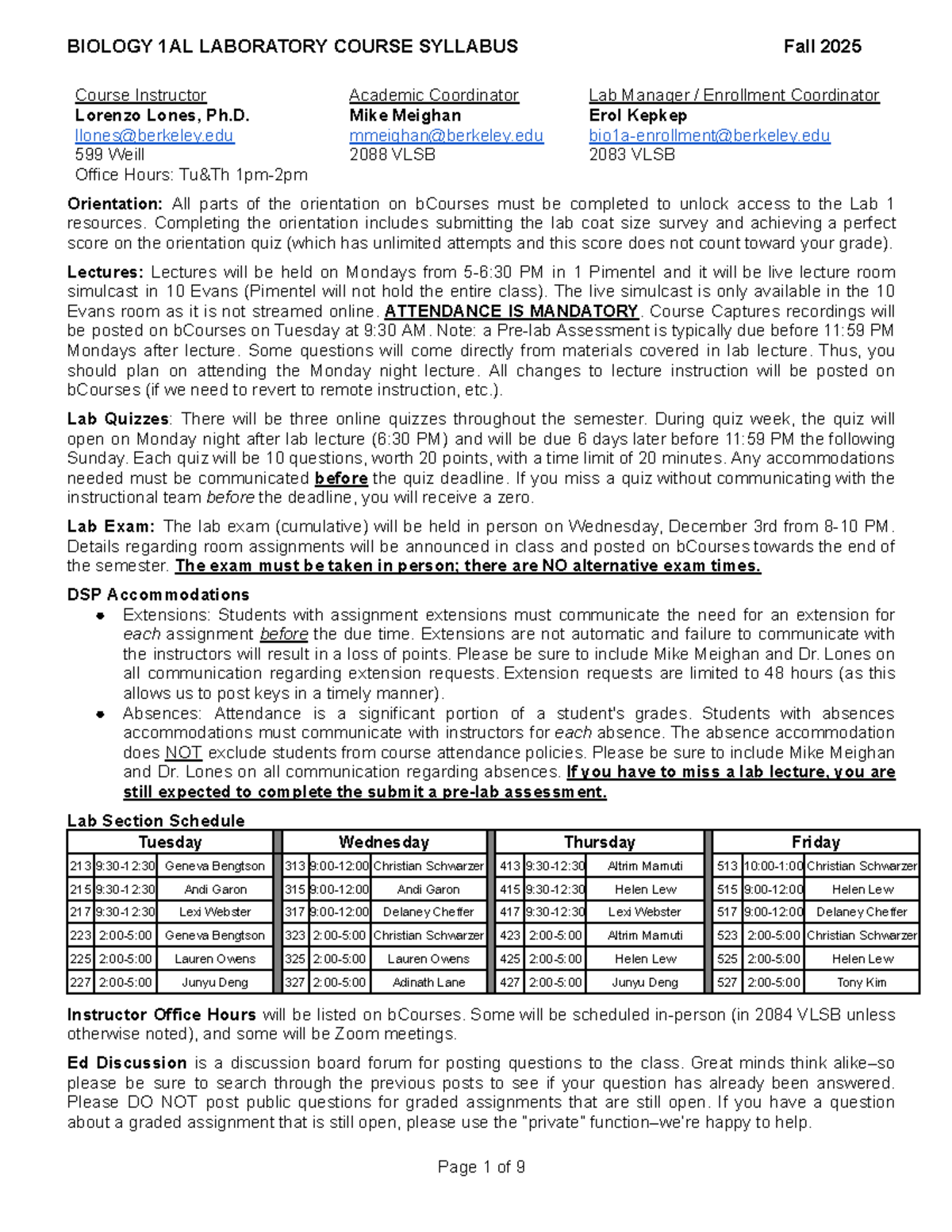 Bio 1AL Laboratory Course Syllabus - Fall 2025 - Studocu