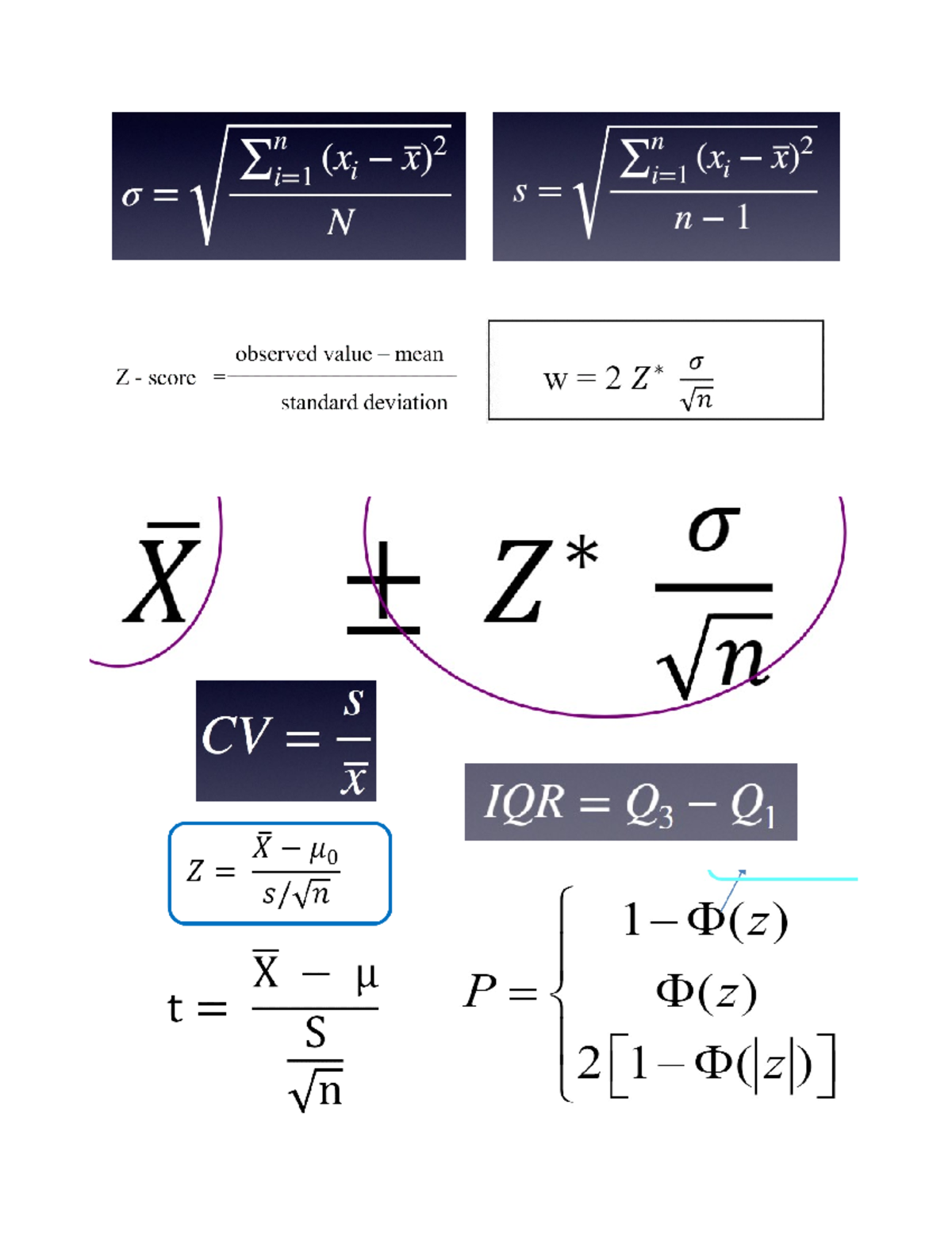 Midterm Formula Sheet - STAT 2230 - O= V N (x; - x)2 (x; - x) ² S = n ...