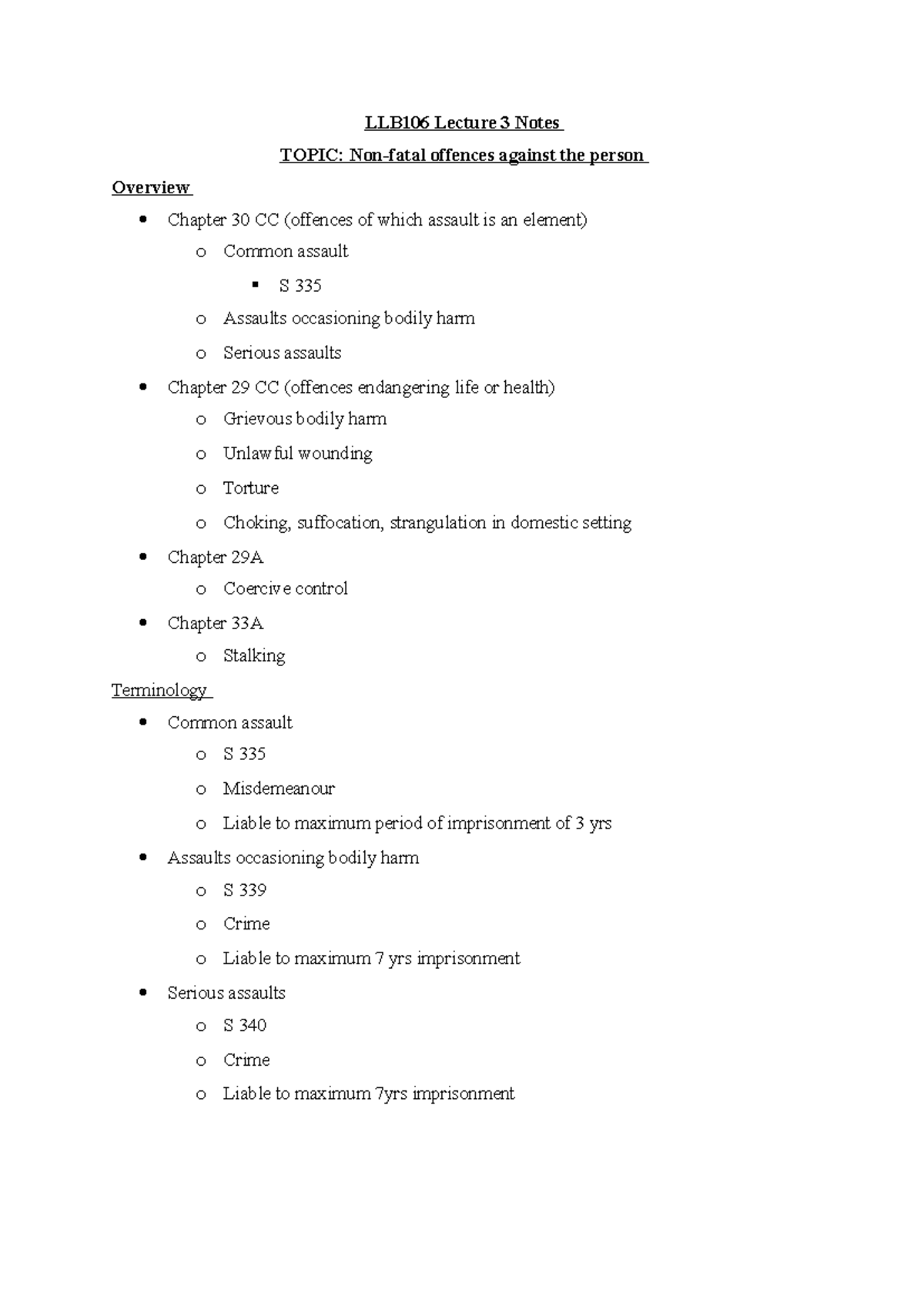 LLB106 Lecture 3 Notes: Non-Fatal Offences Against the Person - Studocu