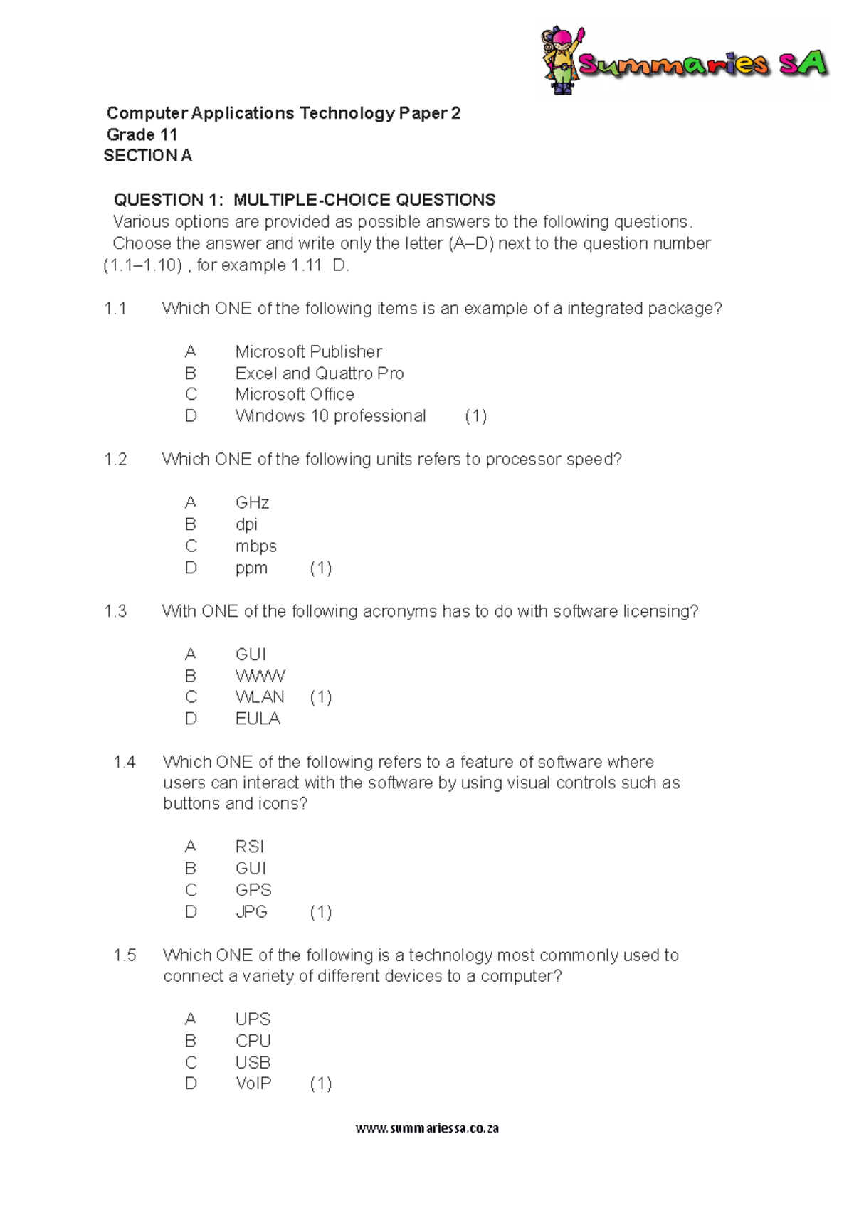 Grade 11 Computer Applications Technology CAT Paper 2 June Test 2023 ...