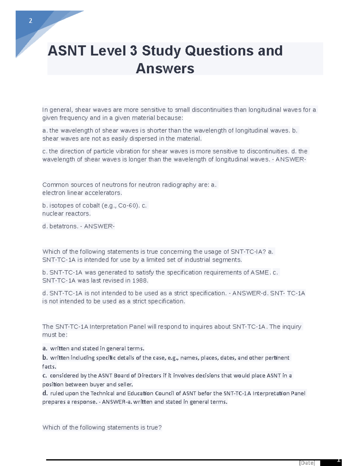 ASNT Level 3 Study Questions and Answers - [Date] 2 ASNT Level 3 Study Questions and Answers In ...