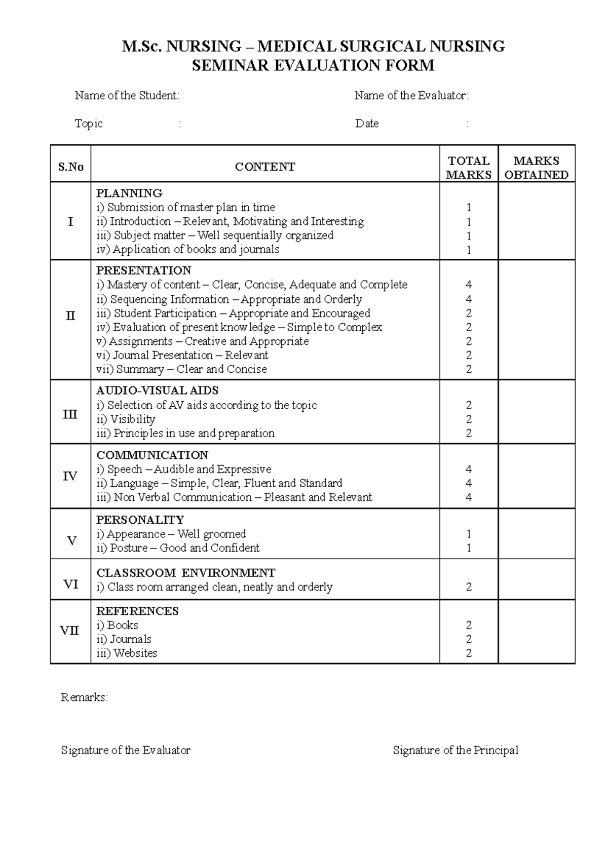 M.Sc. Nursing Seminar Evaluation Form: Assessment Criteria and Feedback ...