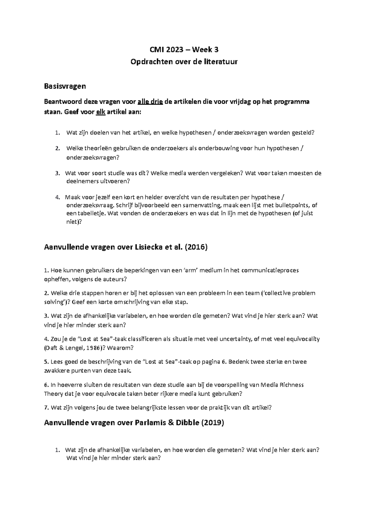 Opdrachten en Vragen - Week 3 CMI 2023 over Literatuur en Theoretische ...