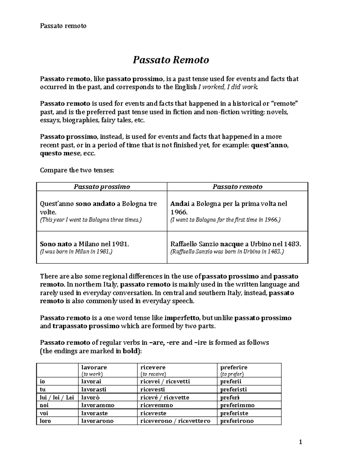 Passato Remoto: Conjugation and Usage Guide (ITA 101) - Studocu