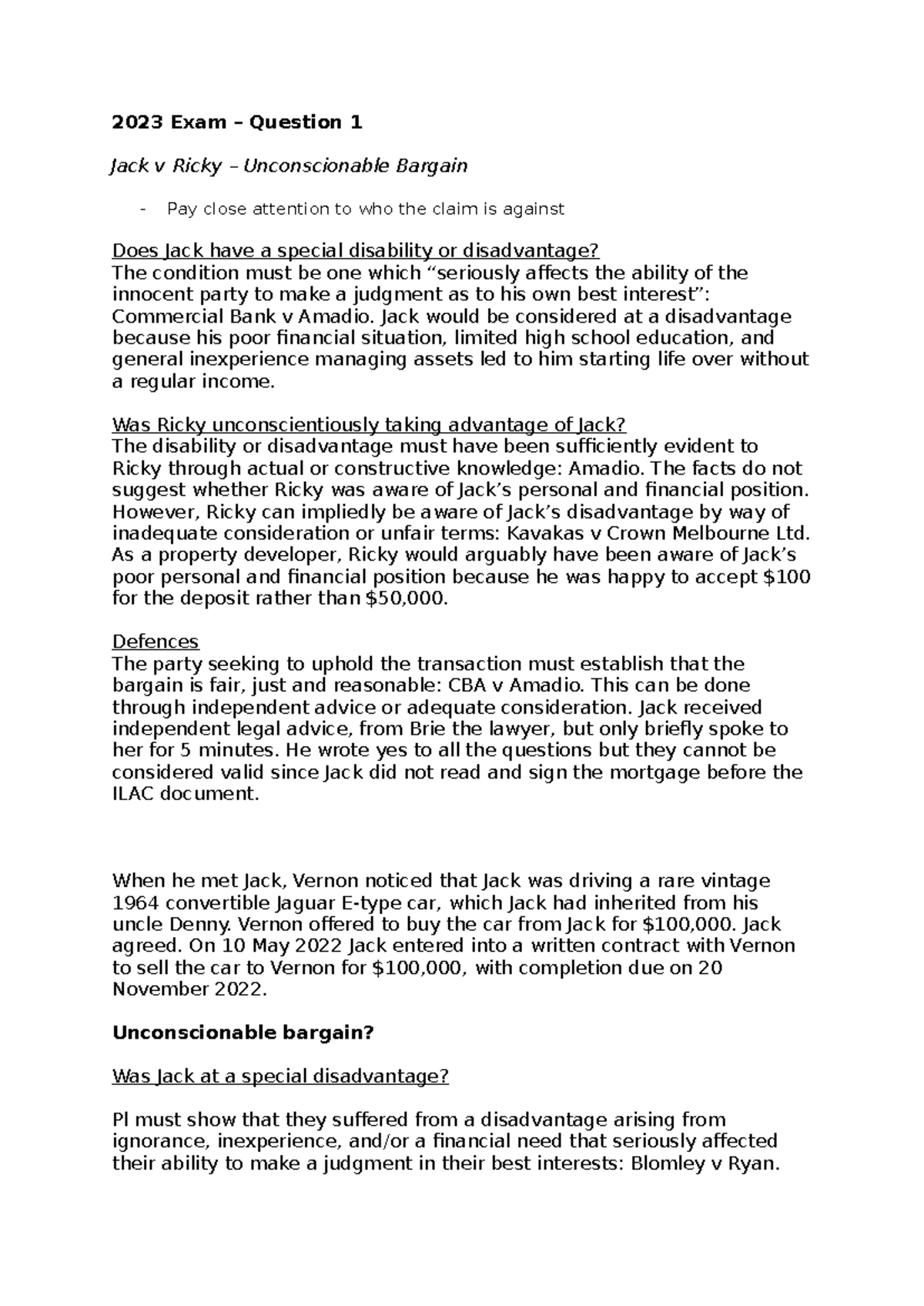 2023 Exam - Unconscionable Bargain: Jack v Ricky Analysis - Studocu