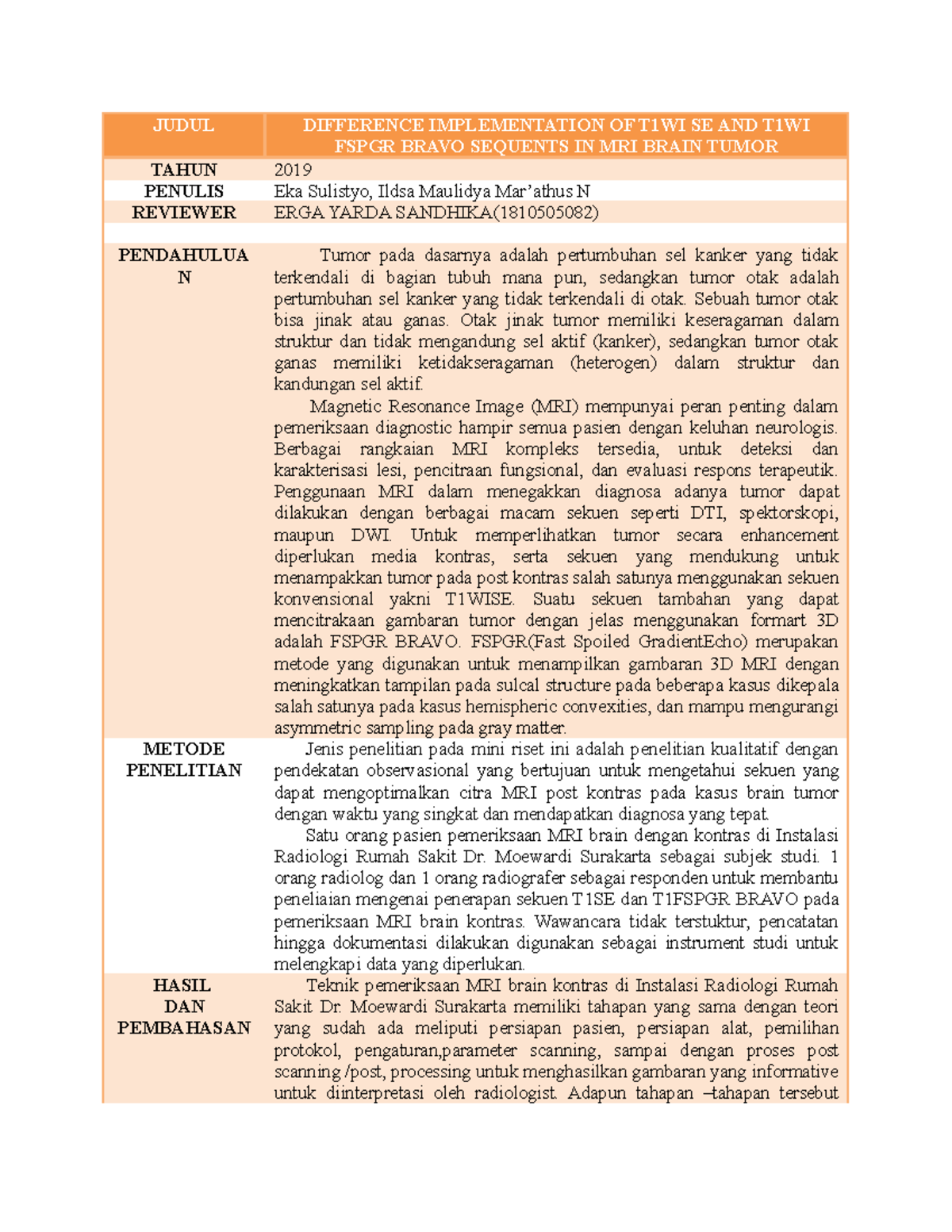 Review of T1WI SE vs. T1WI FSPGR BRAVO in MRI Brain Tumors - Studocu