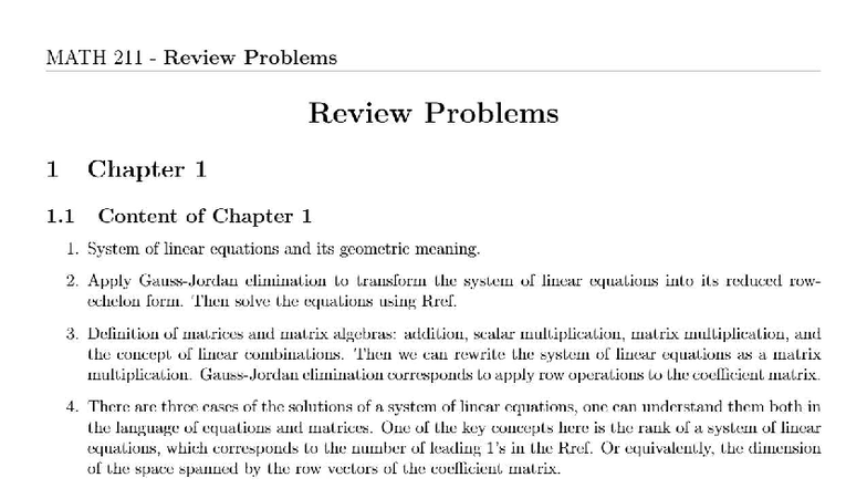 MATH 211.04 Review Problems: Linear Algebra Concepts and Exercises - Studocu