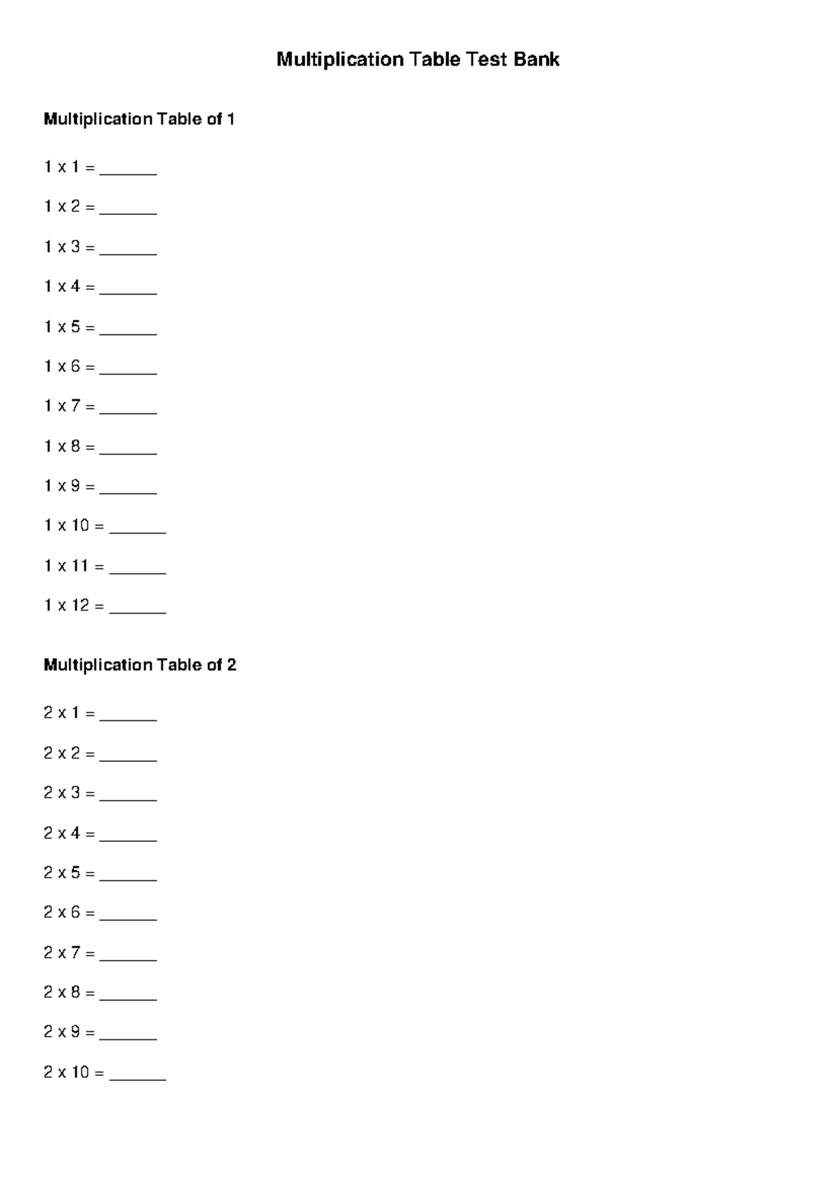 Multiplication Table Test Bank: Comprehensive Practice Questions - Studocu