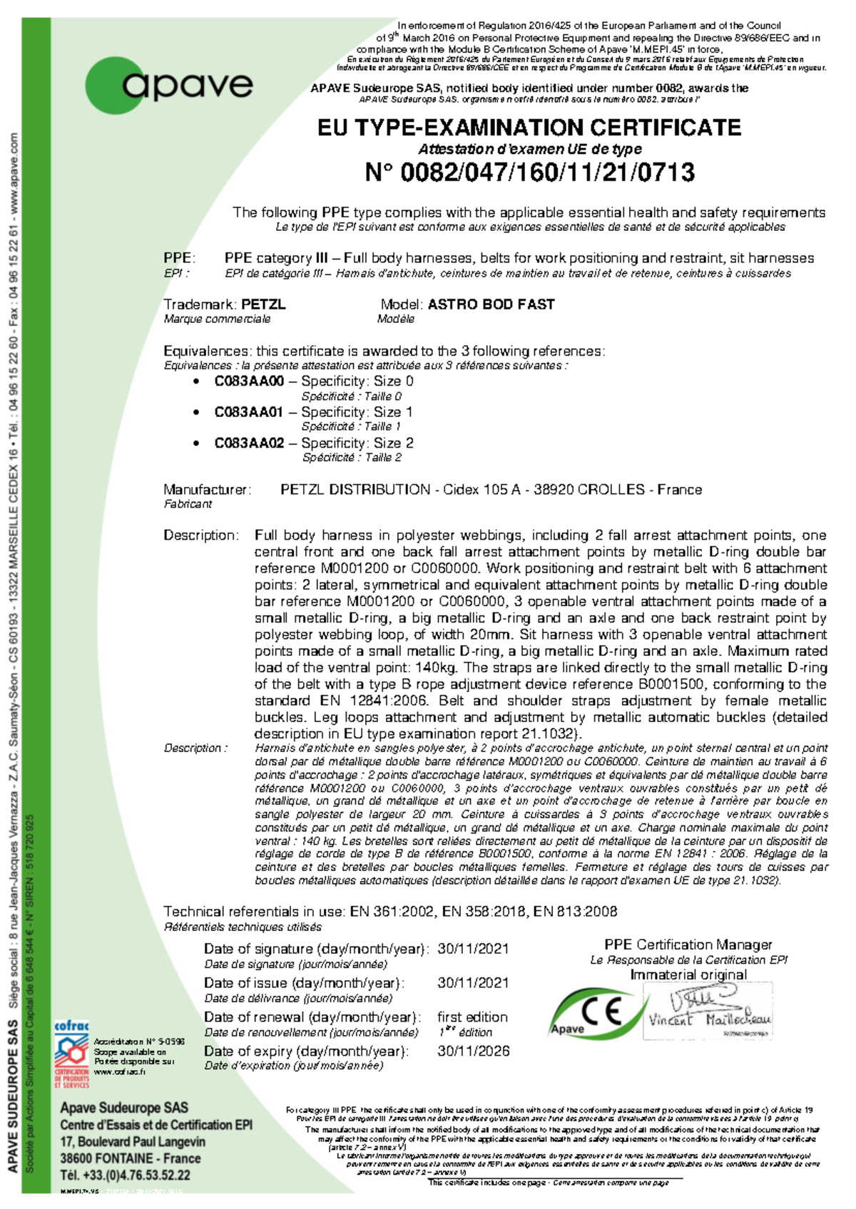 EU Type-Examination Certificate for PPE: AET C083AA0X Astro Bod Fast ...