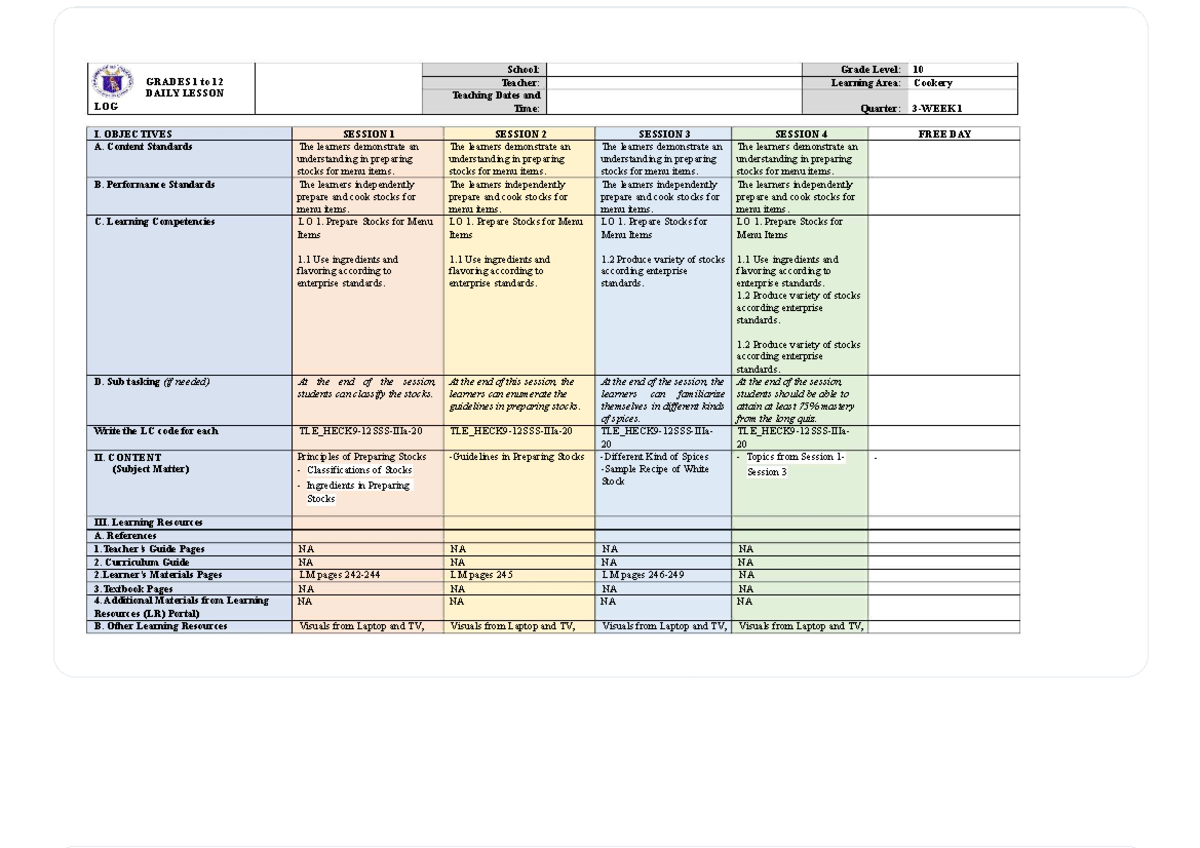 Daily Lesson Log for TLE: Gr. 10 Cookery (Q3 - Weeks 1-3) - Studocu