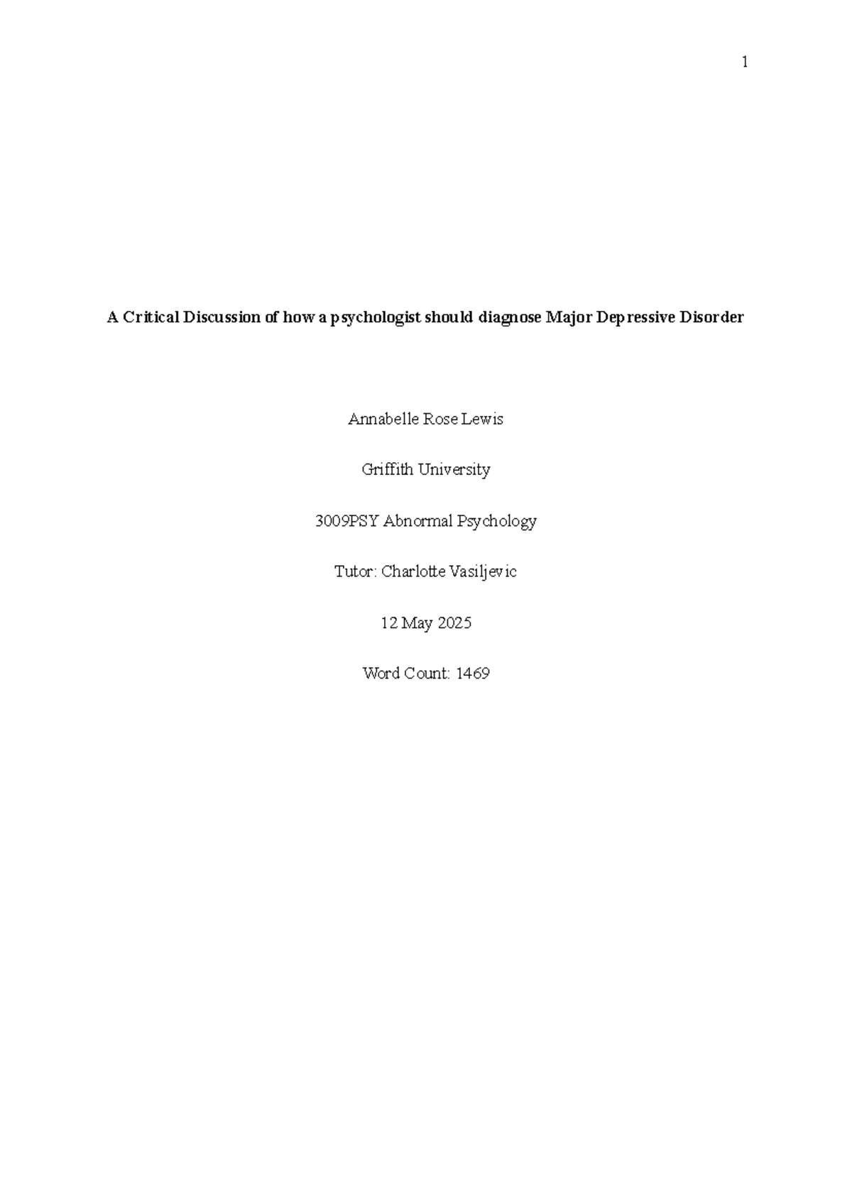 3009PSY Abnormal Psychology: Diagnosing Major Depressive Disorder - Studocu