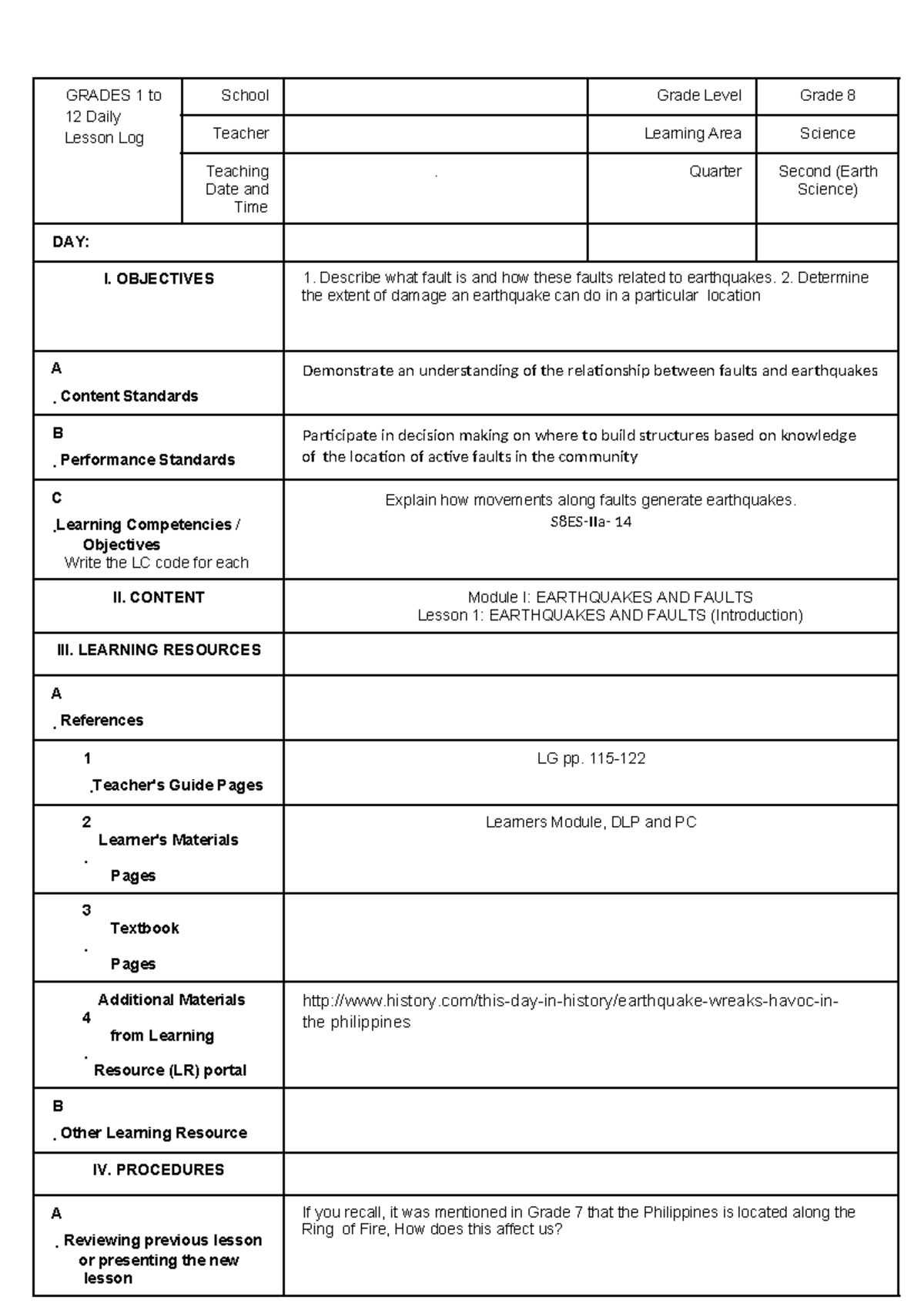 355336917 Grade 8 Earth Science Daily Lesson Log - 2nd Quarter - Studocu